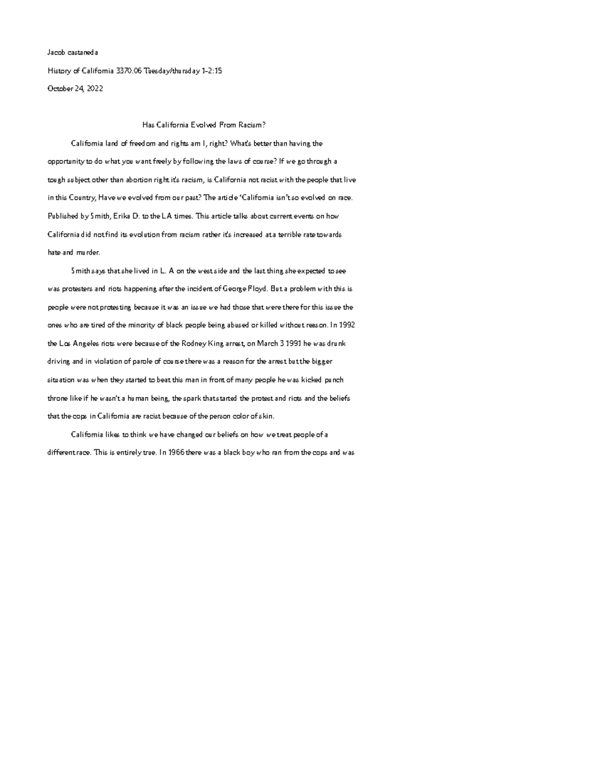 The world on racism - Google Docs - Jacob castaneda History of ...