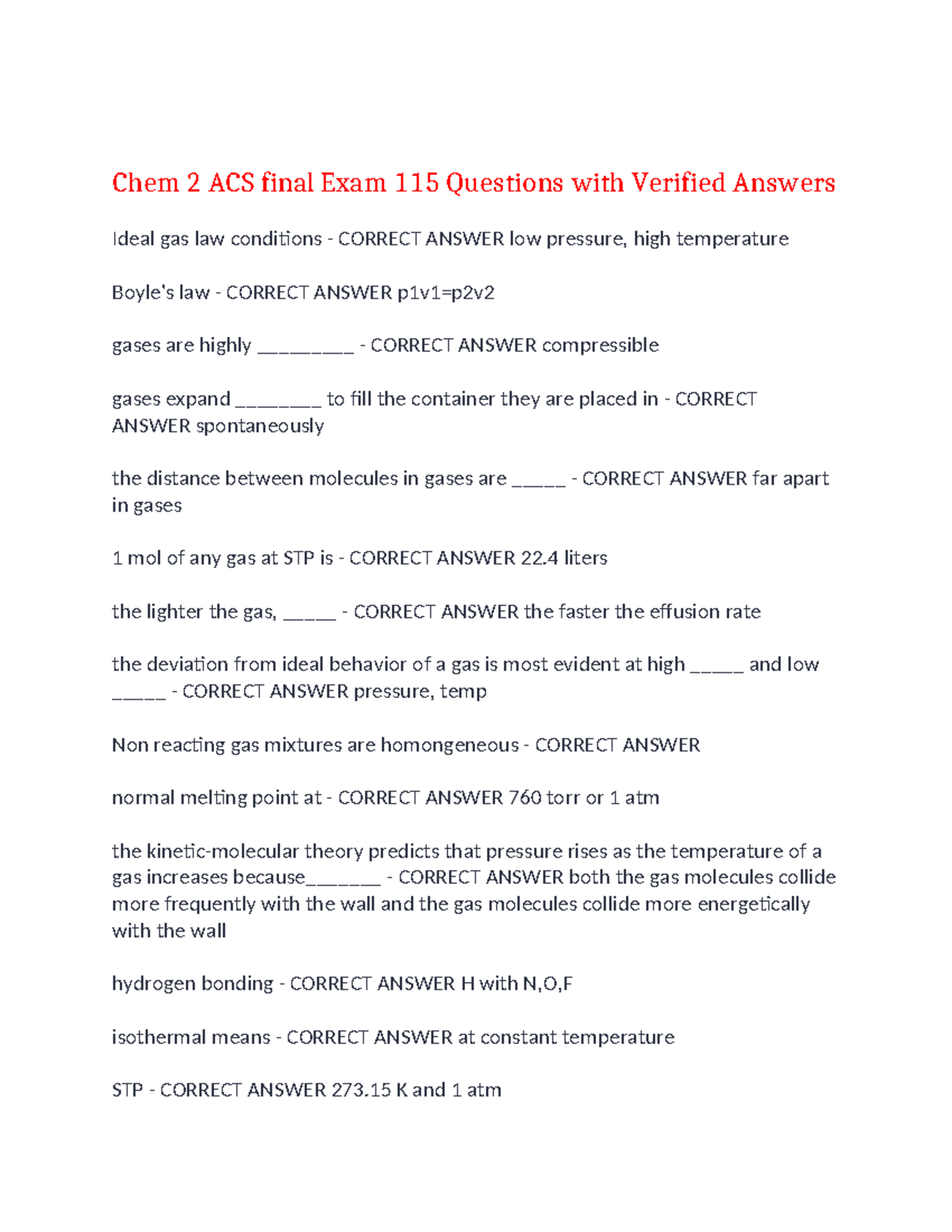 Chem 2 ACS final Exam 115 Questions with Verified Answers - Chem 2 ACS ...