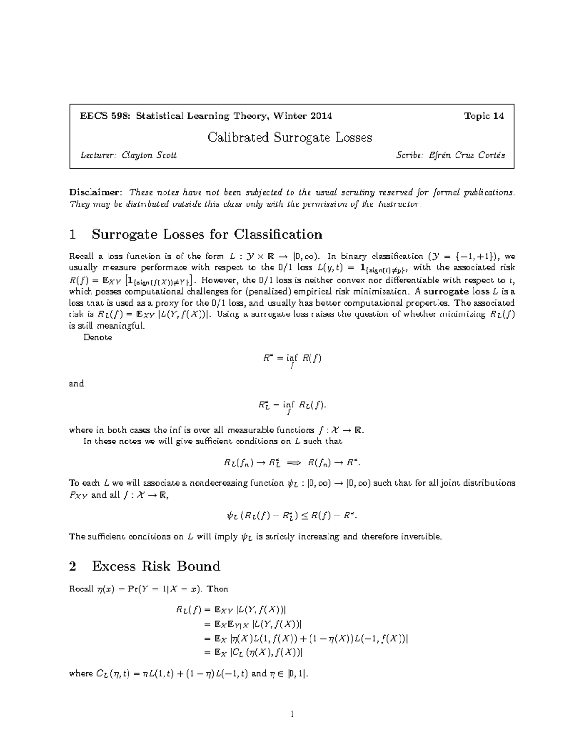 Lecture Notes Lecture 14 Calibrated Eecs 598 Statistical Learning Theory Winter 2014