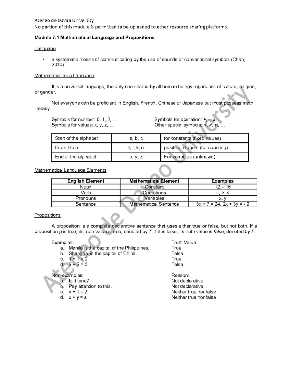 Module 7.1 Mathematical Language and Propositions - Ateneo de Davao ...