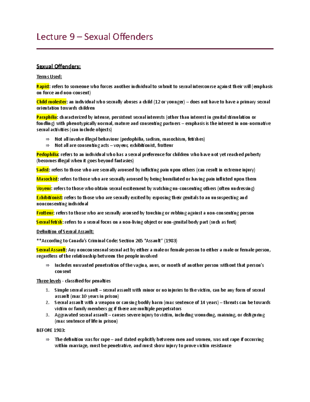 Lecture 9 - sexual offenders - Lecture 9 – Sexual Offenders Sexual ...