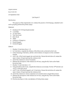 Cell Bio Lab Report 1 - Ausmus - Aspen Ausmus Biol 3120- 12 September ...