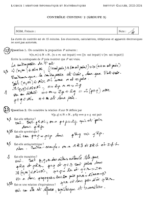 Corrigé cc1 Analyse 1 groupe 3 - Analyse1 2023- Contrˆole 1 (Groupe 3) NOM, Pr ́enom : Note: La ...