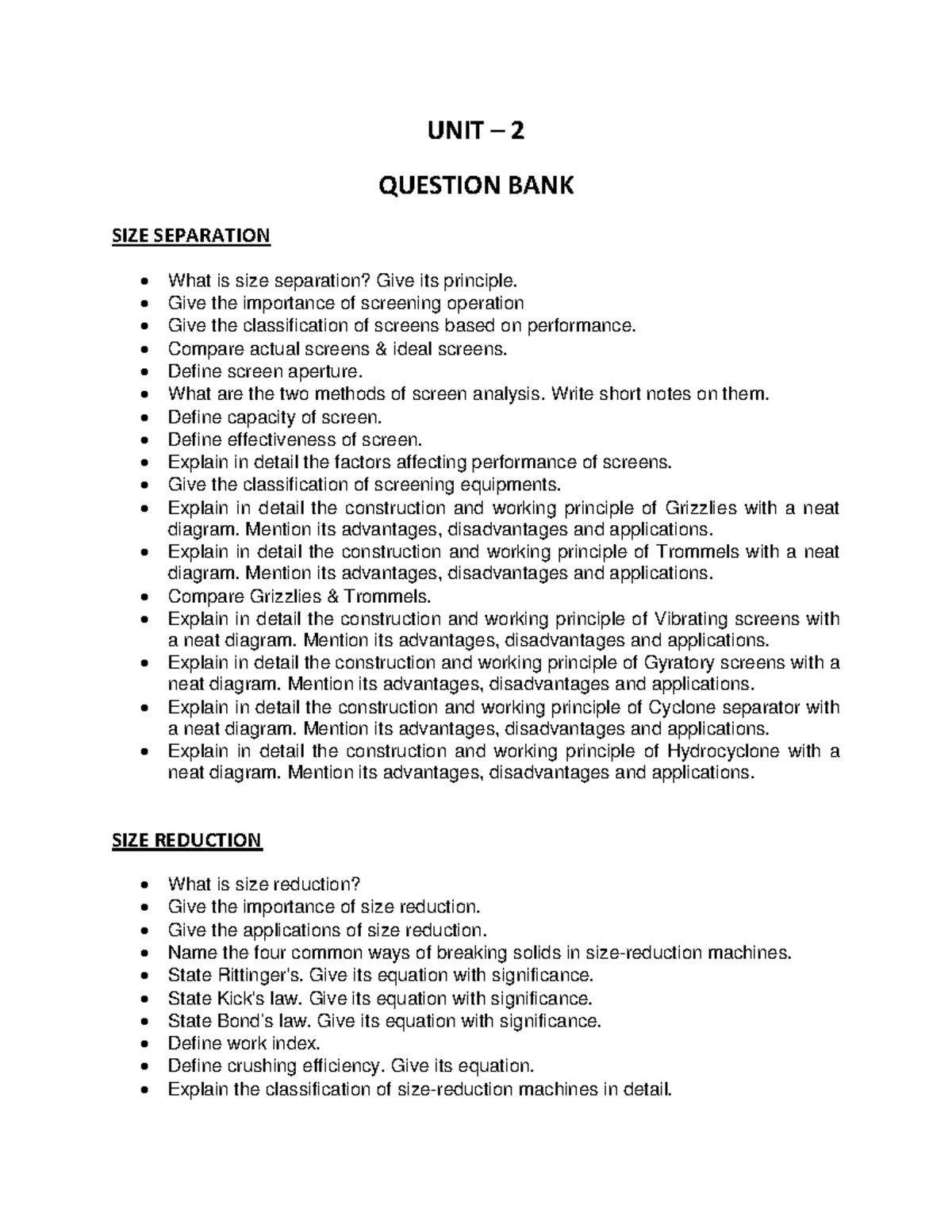 Question BANK - intro - UNIT – 2 QUESTION BANK SIZE SEPARATION What is ...