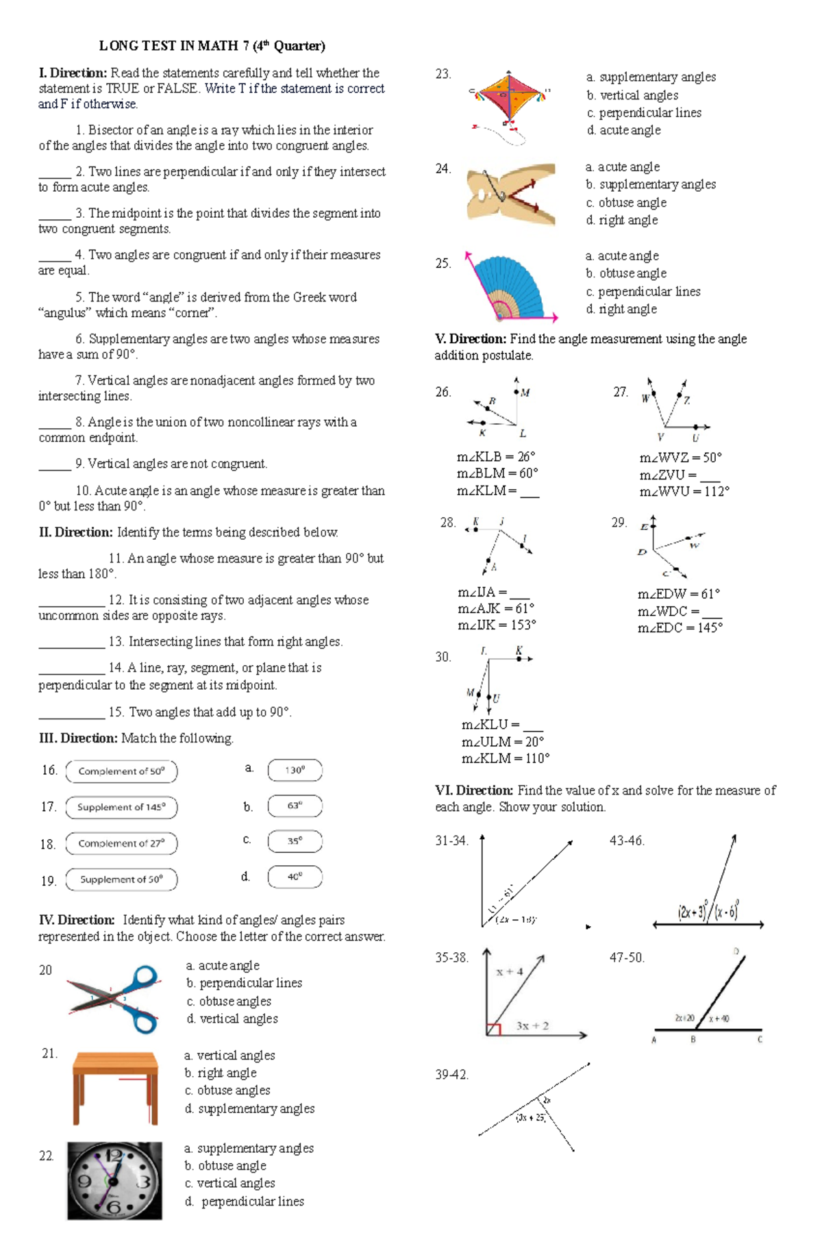 LONG TEST IN MATH 7 - Long test for math 7 - LONG TEST IN MATH 7 (4th ...