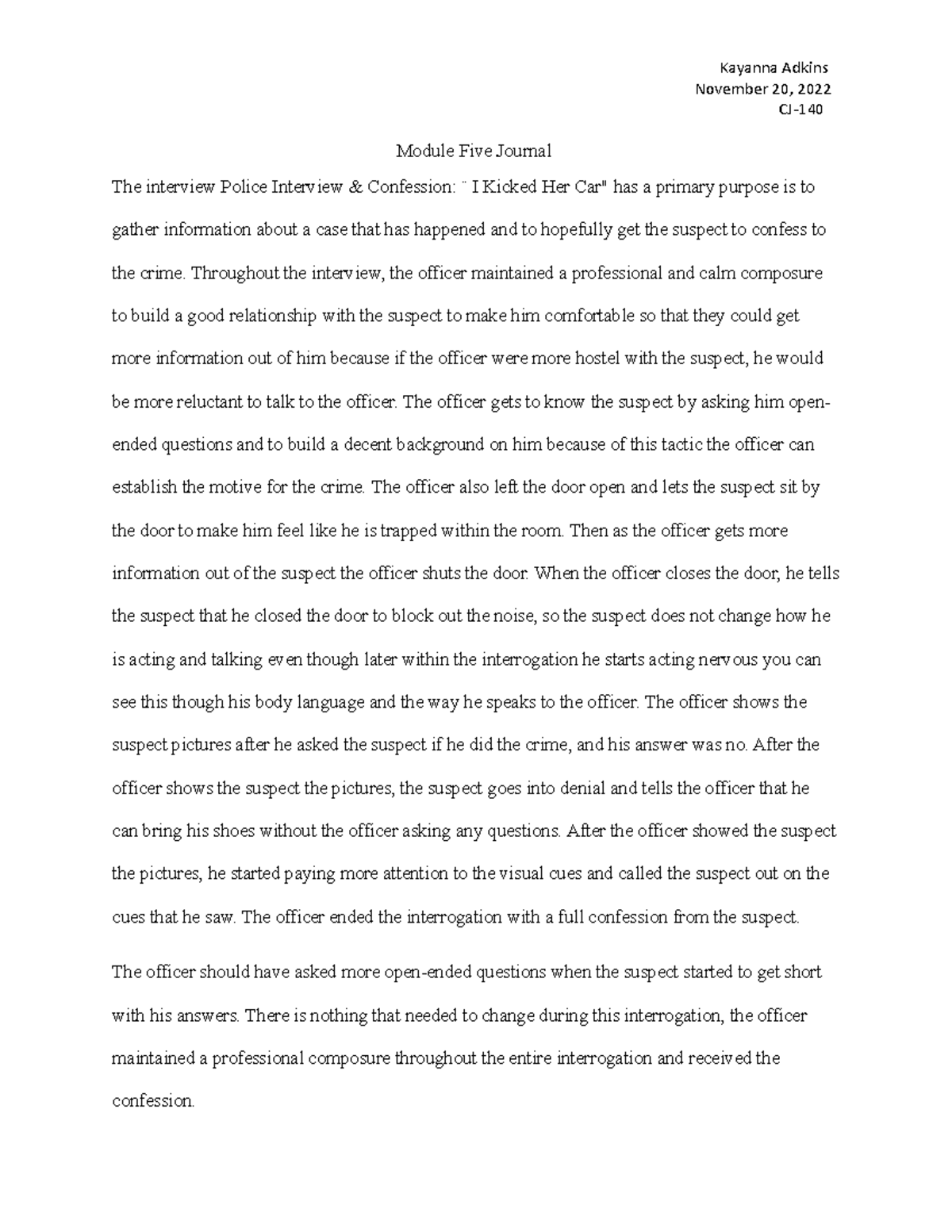 Module Five Journal - CJ-140 Project One - November 20, 2022Kayanna ...