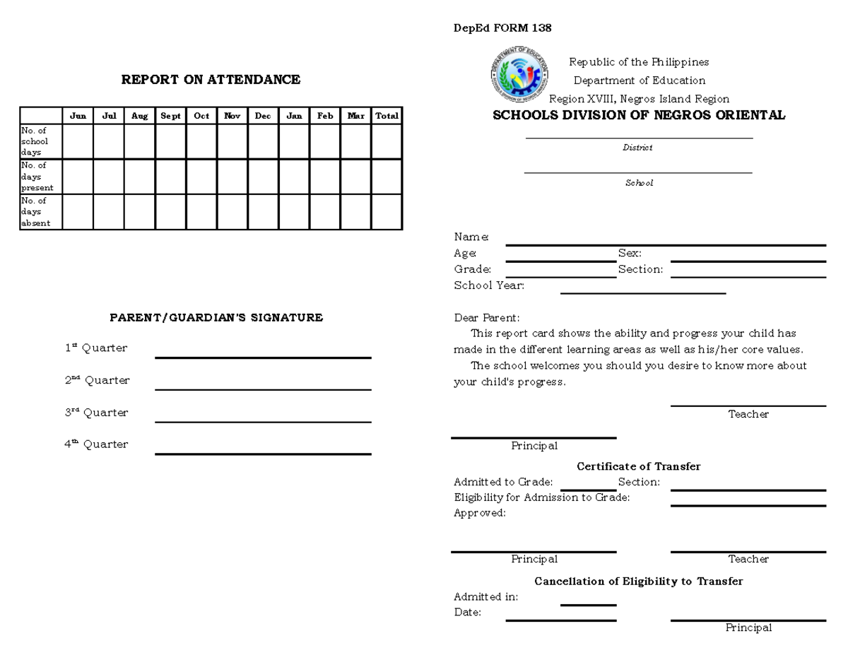 Deped form 138 - DFGGGR - DepEd FORM 138 Jun Jul Aug Sept Oct Nov Dec ...