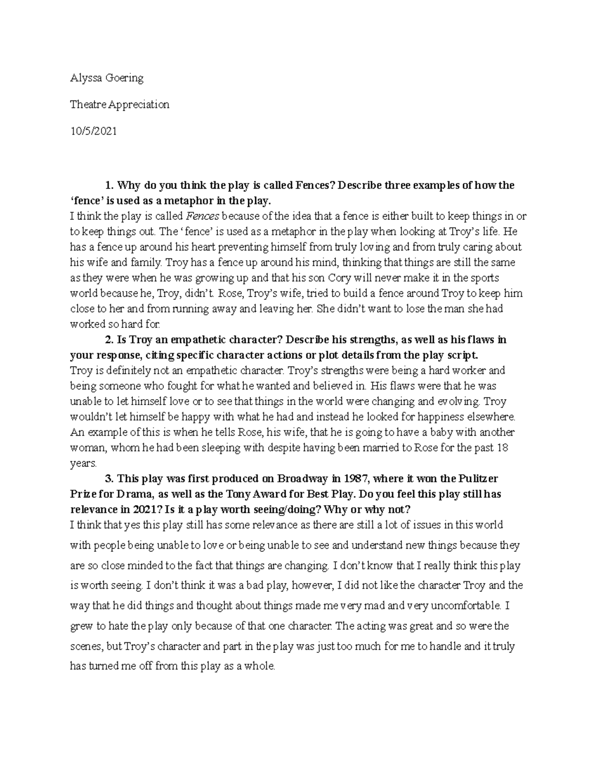 Journal 3 - Fences - Alyssa Goering Theatre Appreciation 10/5/ Why do ...
