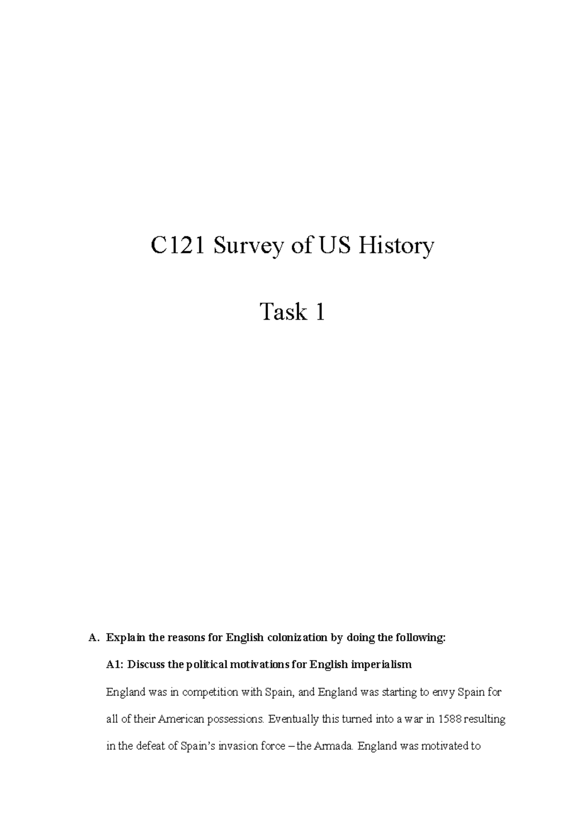 Task 1 C121 Survey of United States History - C121 Survey of US History ...