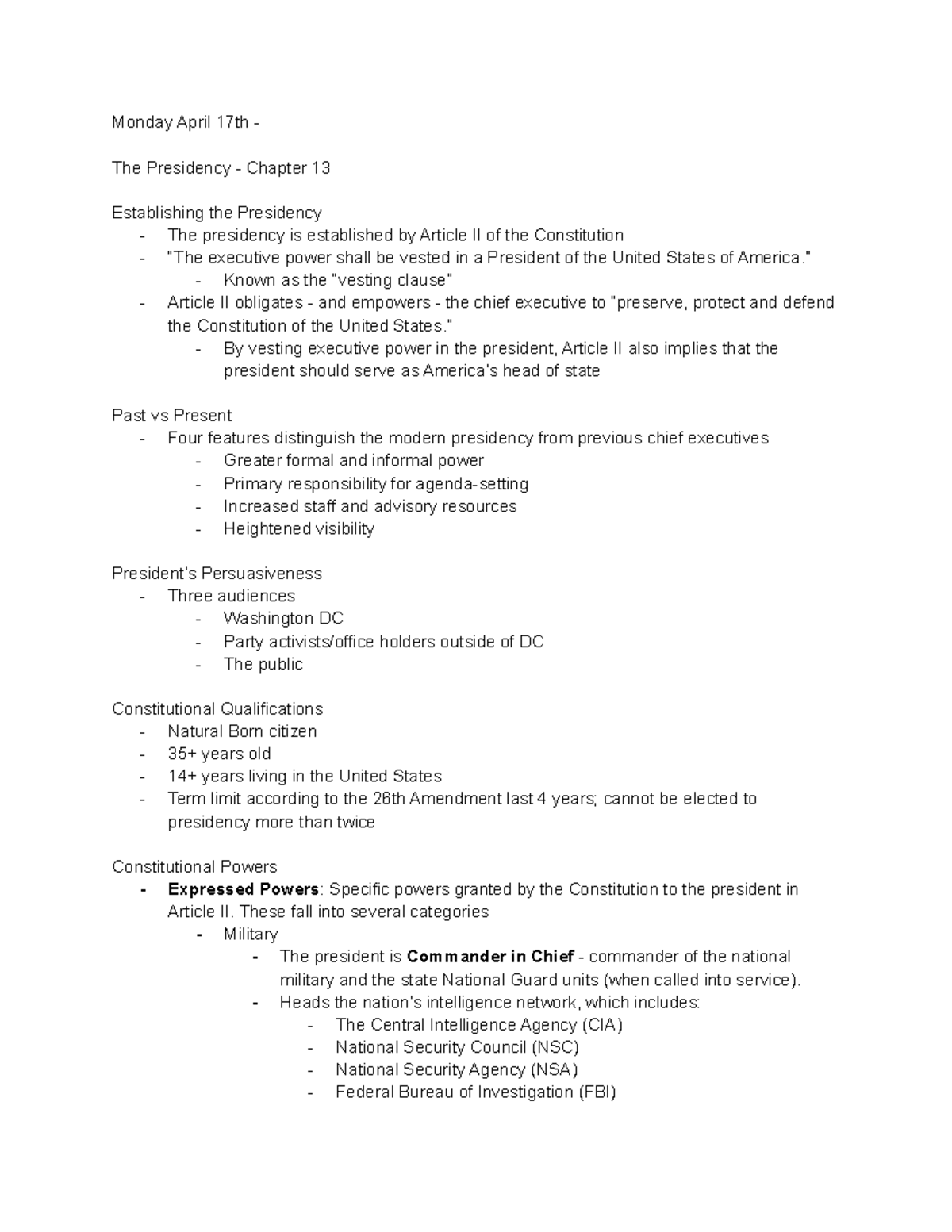 Week 13 - American Government - Monday April 17th - The Presidency ...