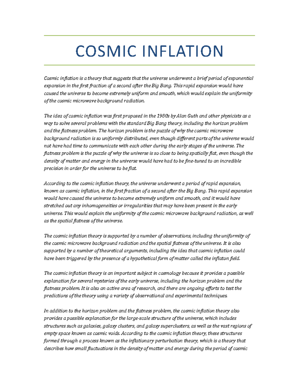 Cosmic inflation in astronomy - COSMIC INFLATION Cosmic inflation is a ...