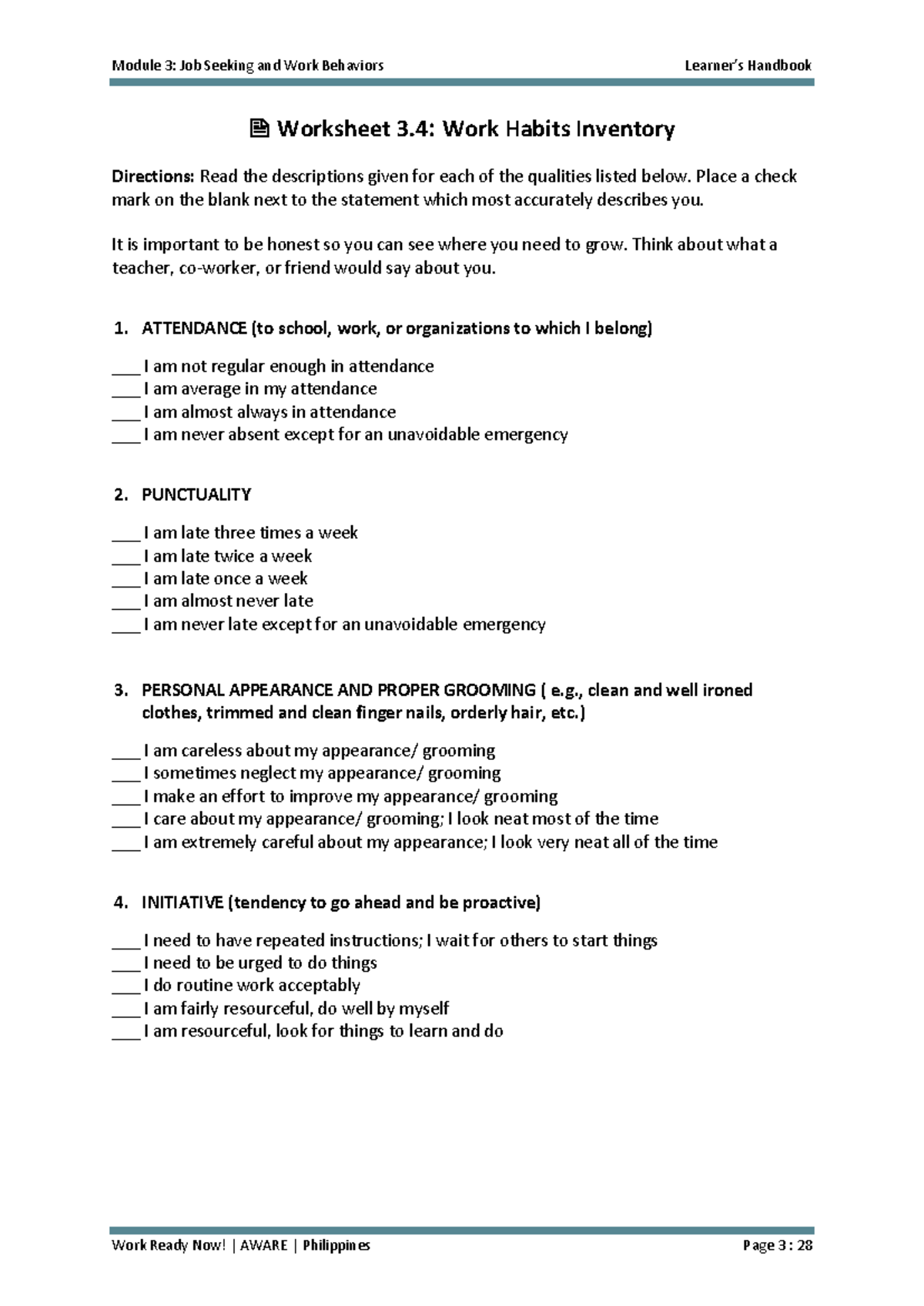 Job-Seeking-and-Work-Behaviors - Worksheet 3: Work Habits Inventory ...