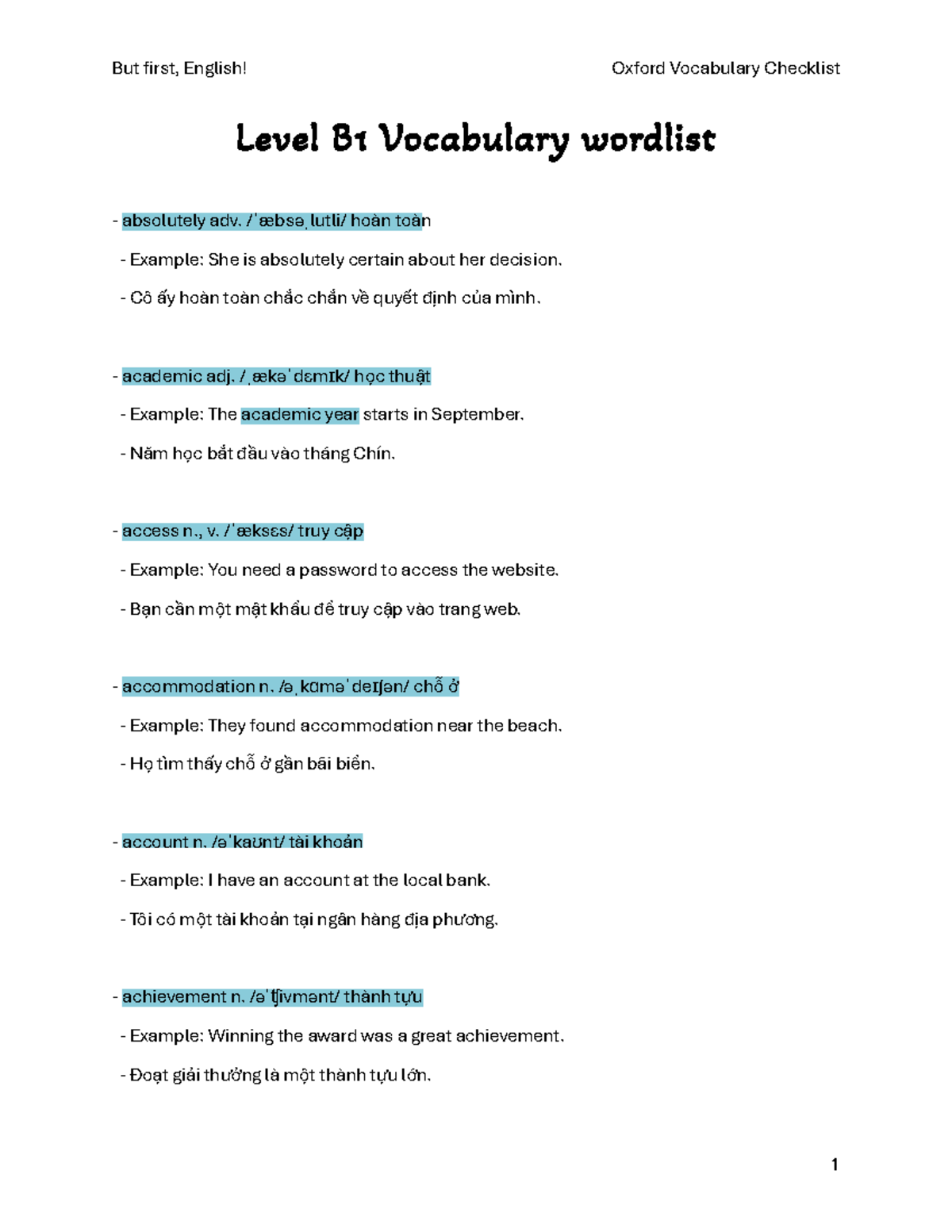 Từ vựng cấp độ B1 - Level B 1 Vocabulary wordlist absolutely adv ...