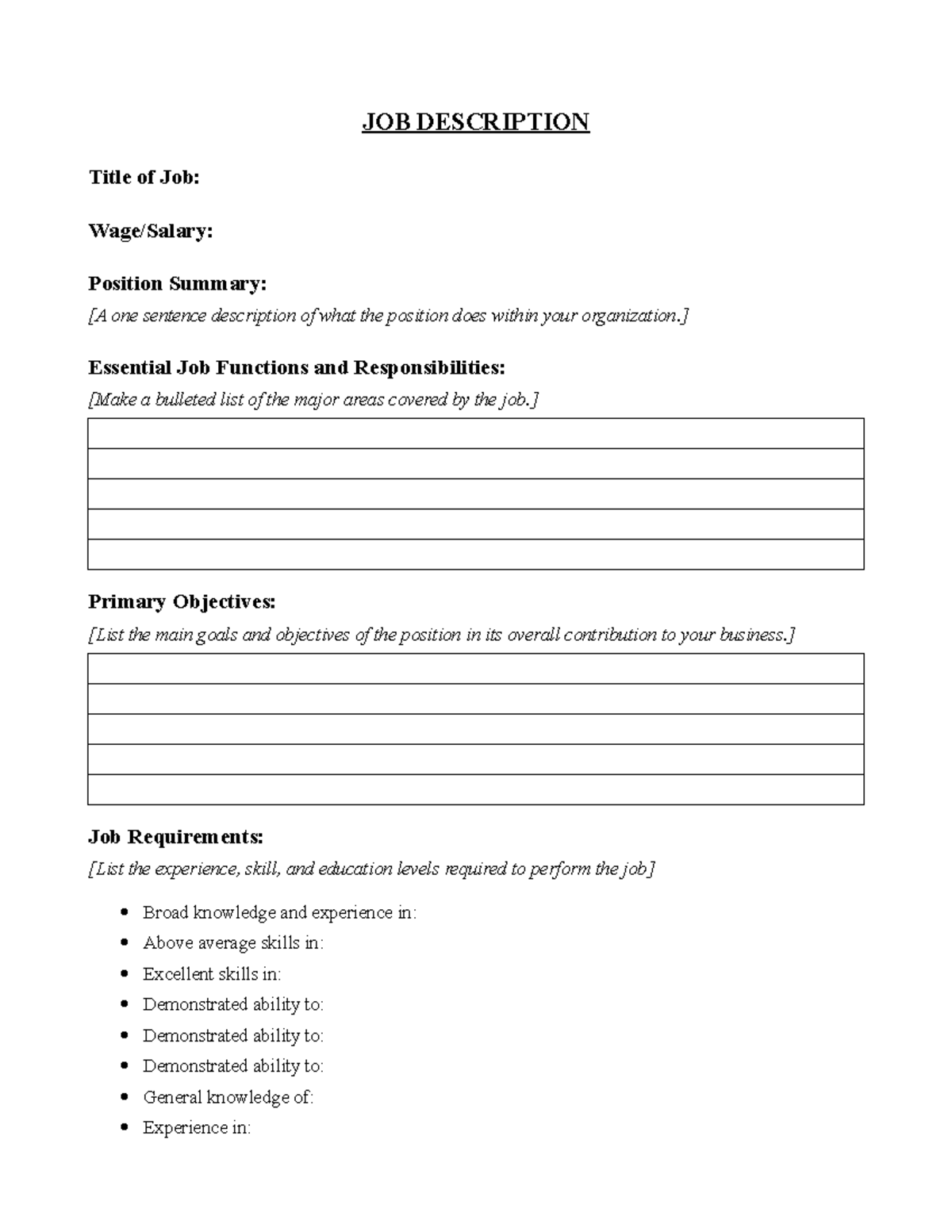 Job Description Template - JOB DESCRIPTION Title of Job: Wage/Salary ...