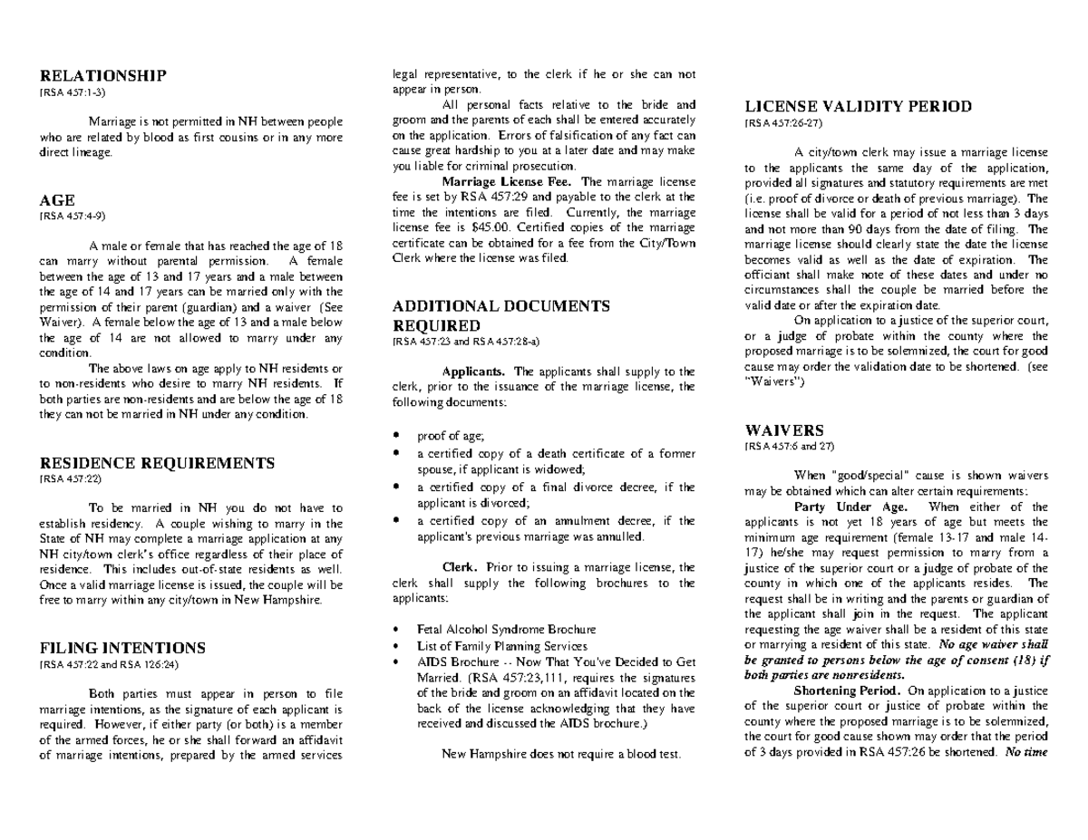 Marriage in NH - Lecture notes 2 - RELATIONSHIP (RSA 457:1-3) Marriage ...