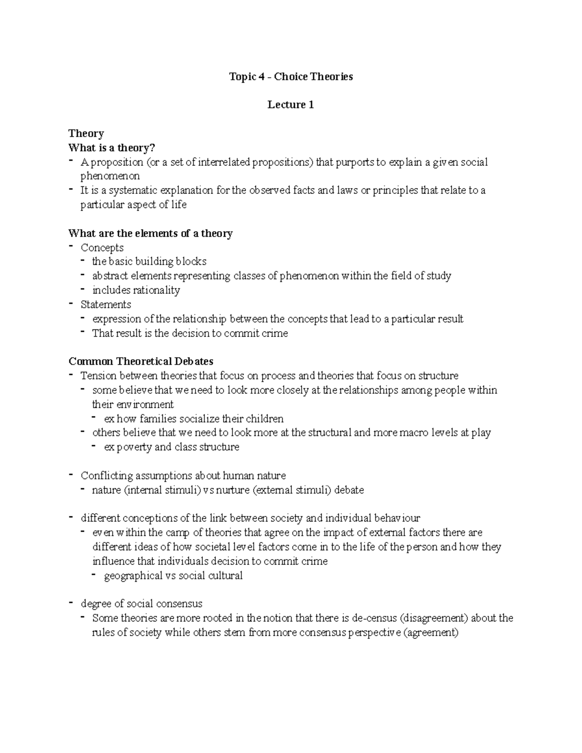 Topic 4 Notes - Topic 4 - Choice Theories Lecture 1 Theory What is a ...