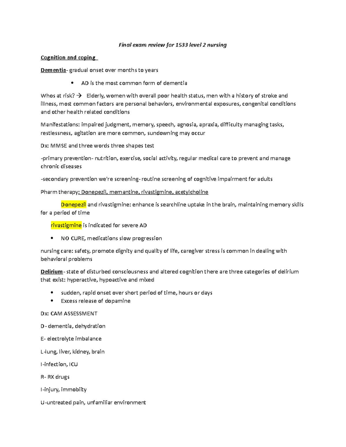 Final exam review for 1533 level 2 nursing - Final exam review for 1533 ...