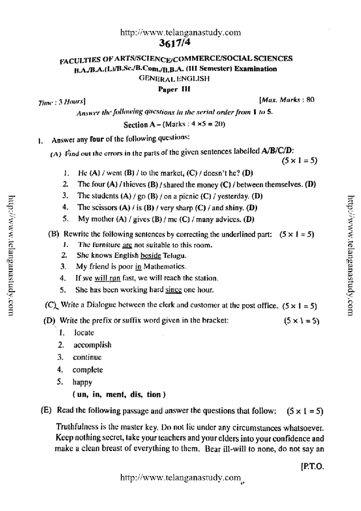 Ba bsc bcom bba 3 sem general english 3617 dec 2019 - FACULTIES OF SCIENCES Semester ...