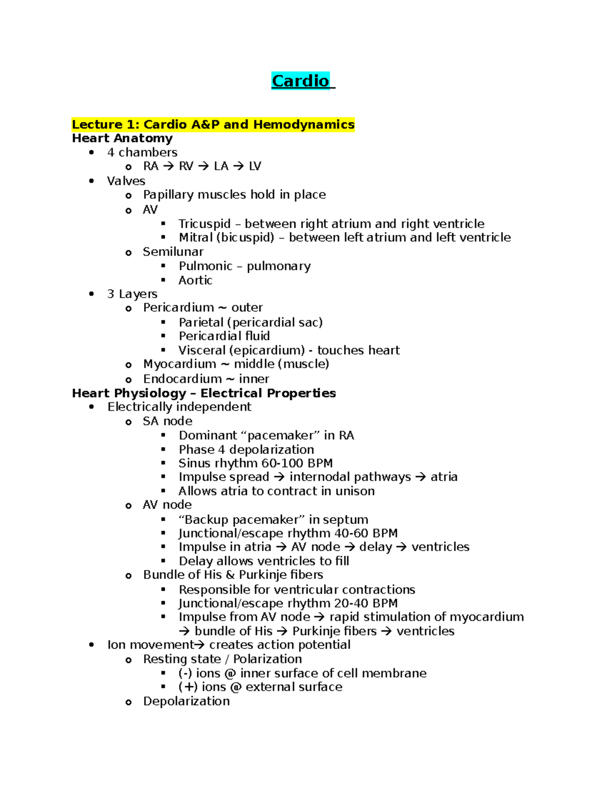Cardio - Lecture notes Lecture 5 - Cardio Lecture 1: Cardio A&P and ...