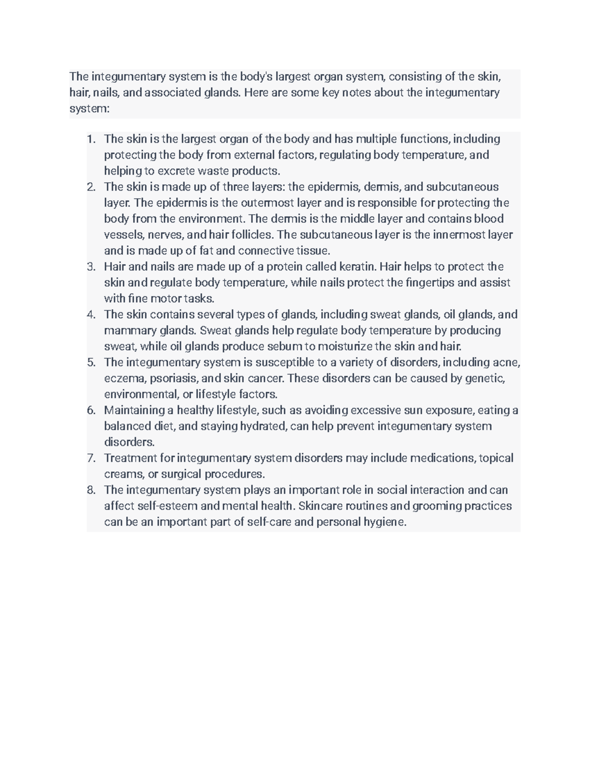 Notes on the Integumentary System - The integumentary system is the ...