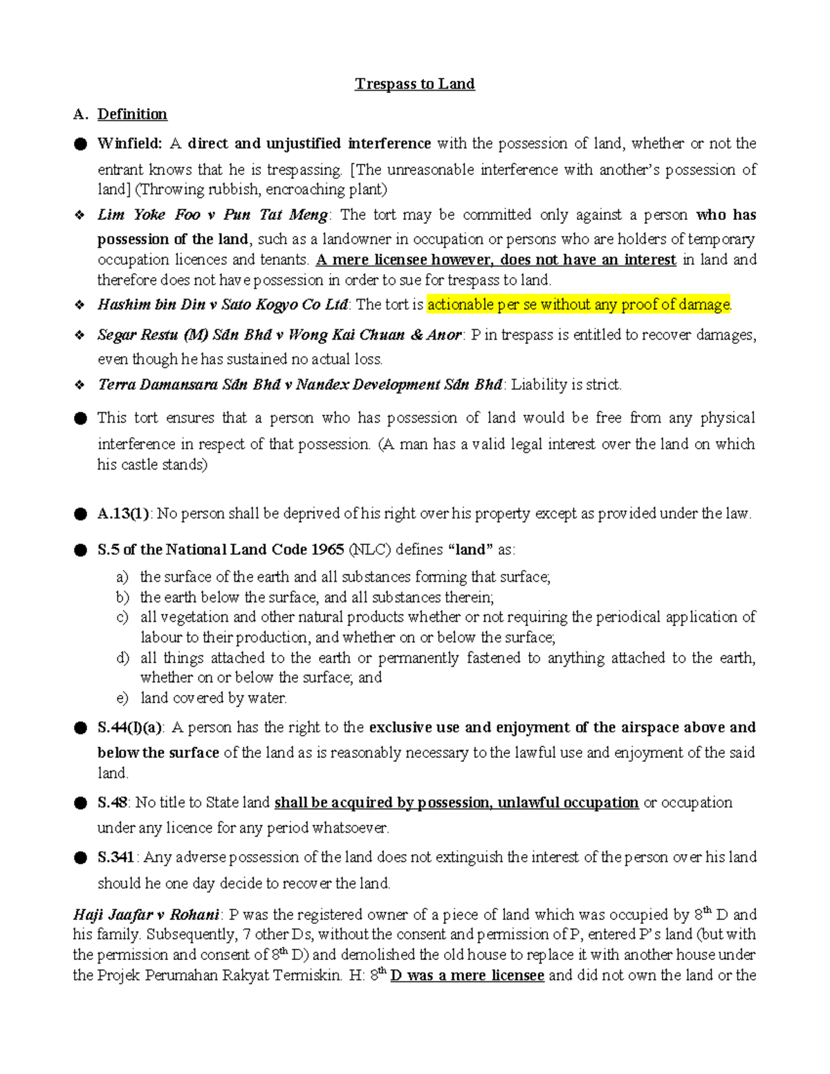 Trespass to Land - tort law hoipe this helps u study - Trespass to Land A. Definition Winfield ...
