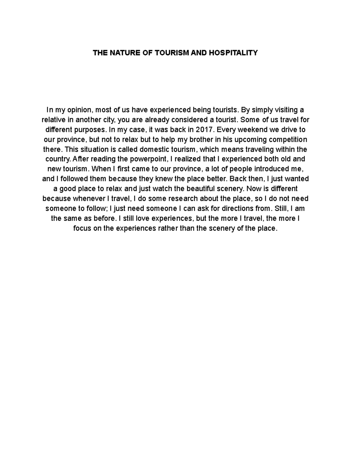 THE Nature OF Tourism AND Hospitality Reflection - THE NATURE OF ...