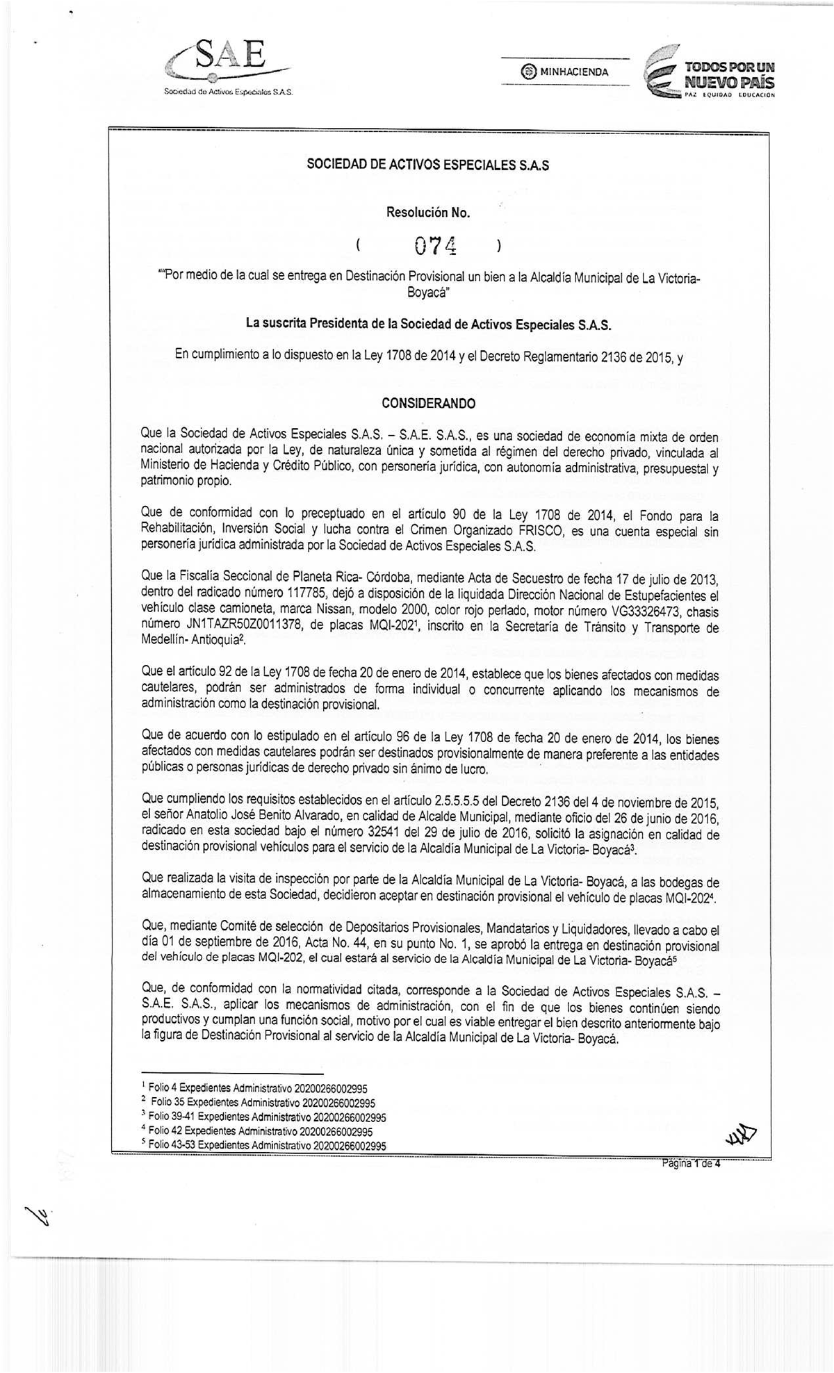 Resoluci n No 074 de 01 Febrero de 2017 v 001 - SAE MINHACIENDA TODOS POR UN NUEVO PAÍS Sociedad ...