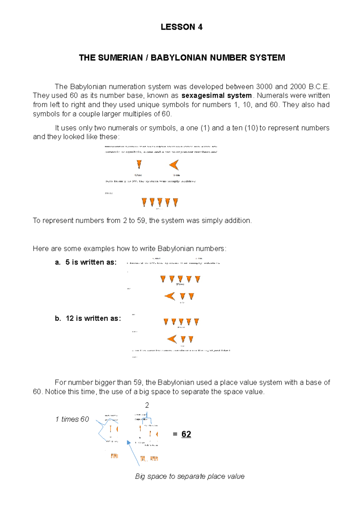 Math Ed 111 (Lesson 4 and 5) - LESSON 4 THE SUMERIAN / BABYLONIAN ...