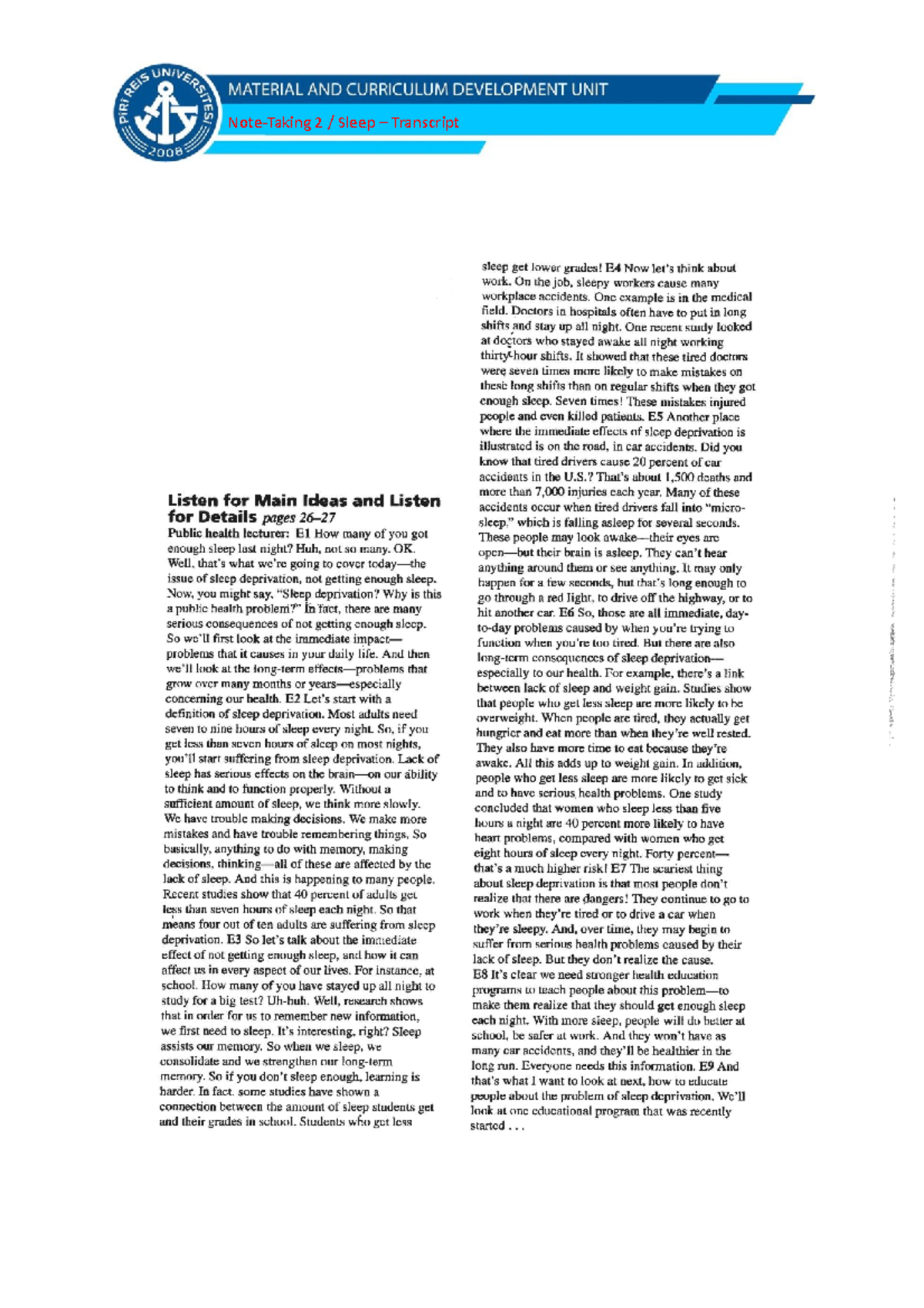 Note-taking 2- Sleep-Transcript - English III - Note-Taking 2 / Sleep ...