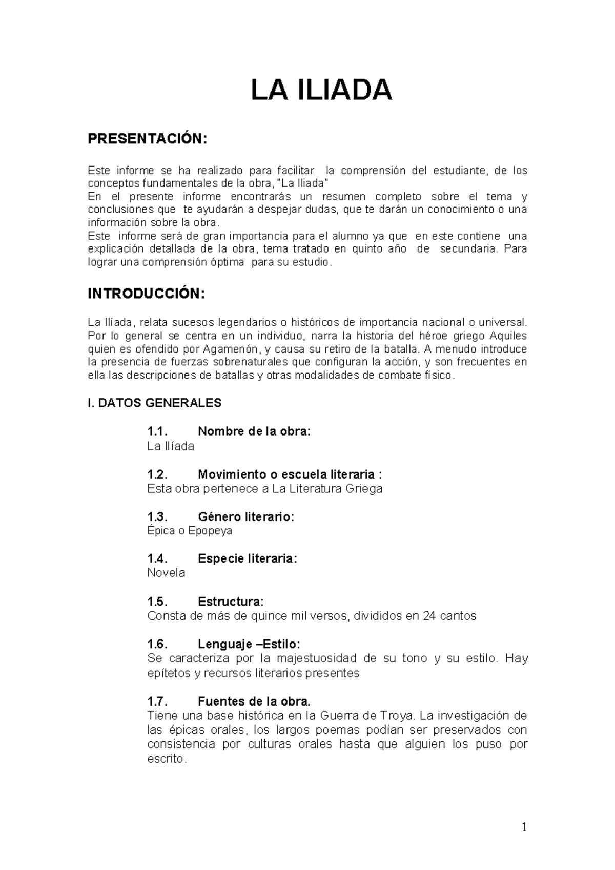 128046420 Analisis Literario de la Iliada doc - LA ILIADA PRESENTACIÓN: Este informe se ha ...