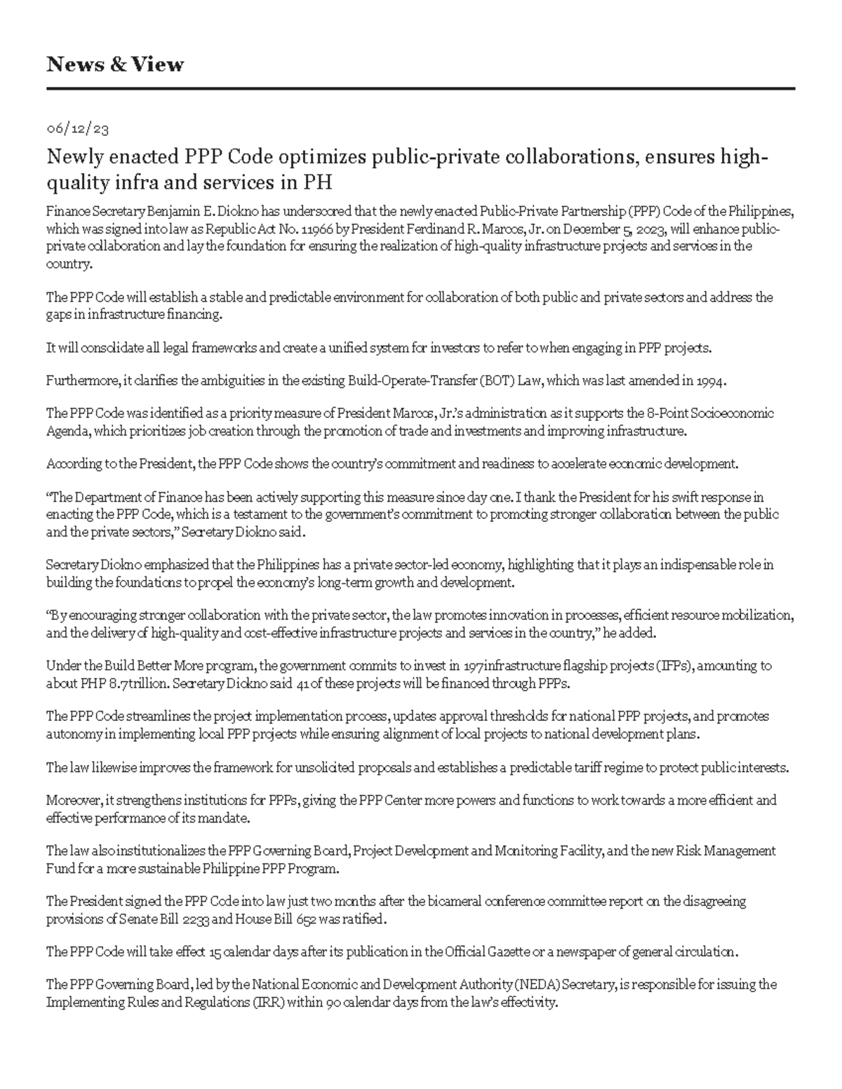 Newly enacted PPP Code optimizes public-private collaborations, ensures ...