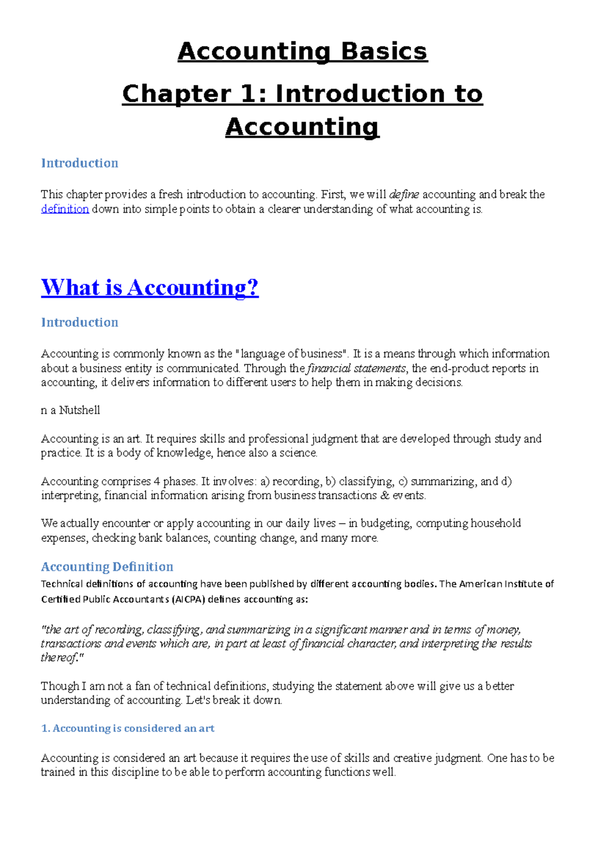 hhhh - Accounting Basics Chapter 1: Introduction to Accounting ...