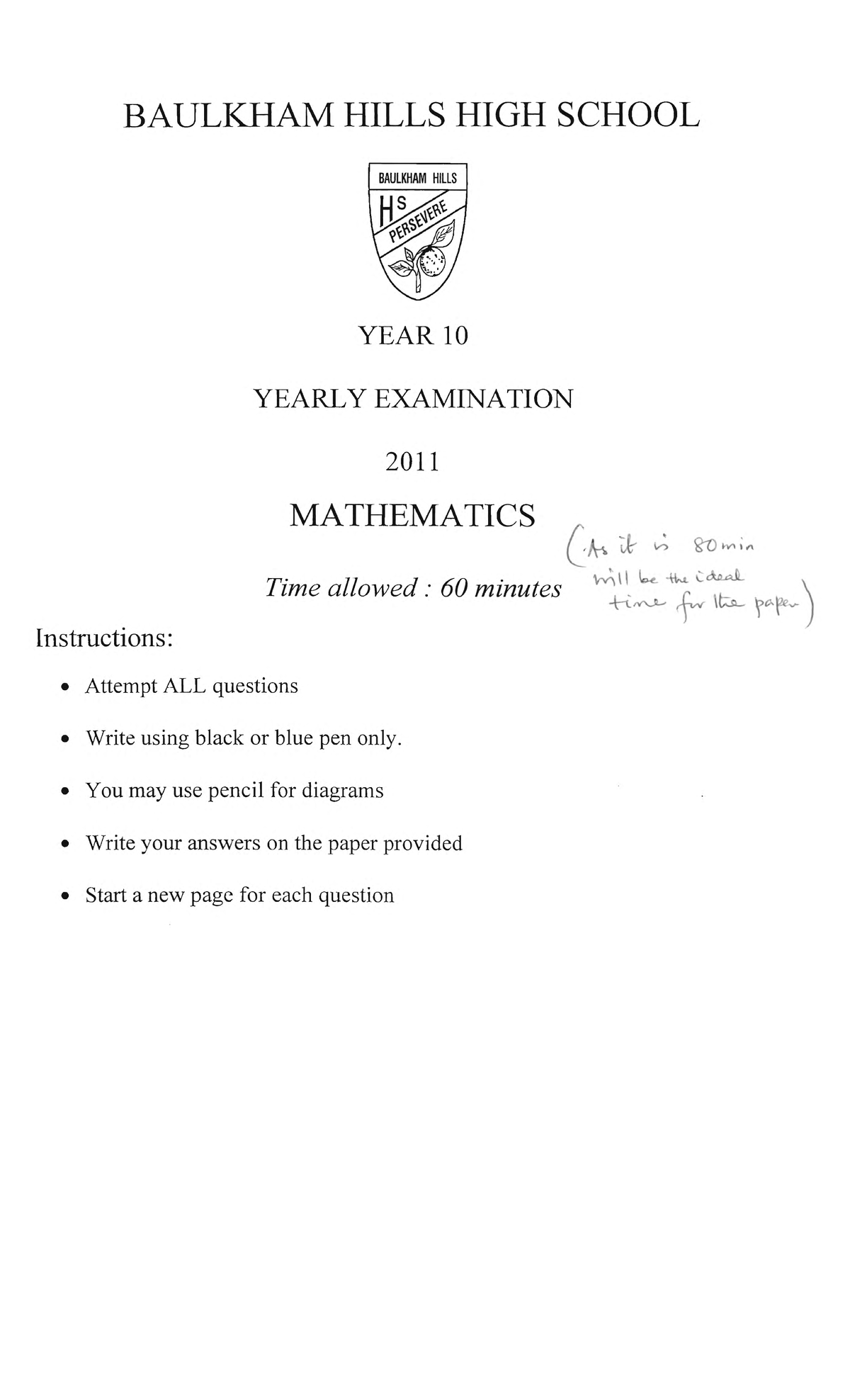 2011 Maths - BAULKHAM HILLS HIGH SCHOOL BAULKHAM HILLS YEAR 10 YEARLY ...