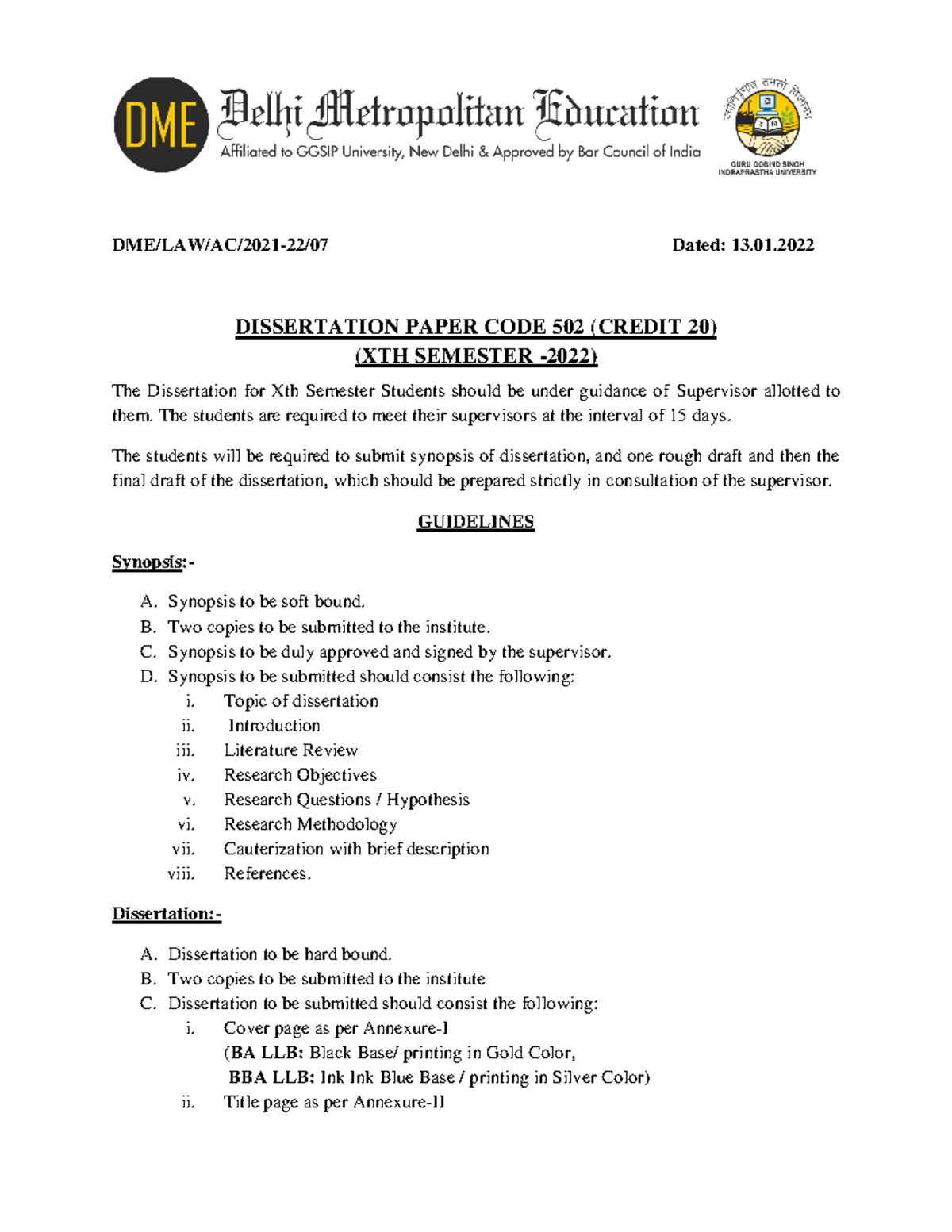 Dissertation Guidelines Paper Code - DME/LAW/AC/2021-22/07 Dated: 13 ...