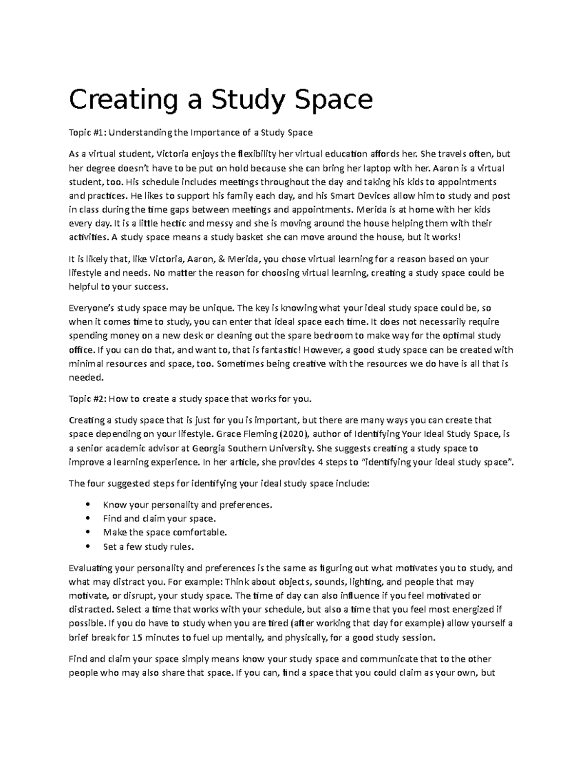 Creating a Study Space - Creating a Study Space Topic #1: Understanding ...