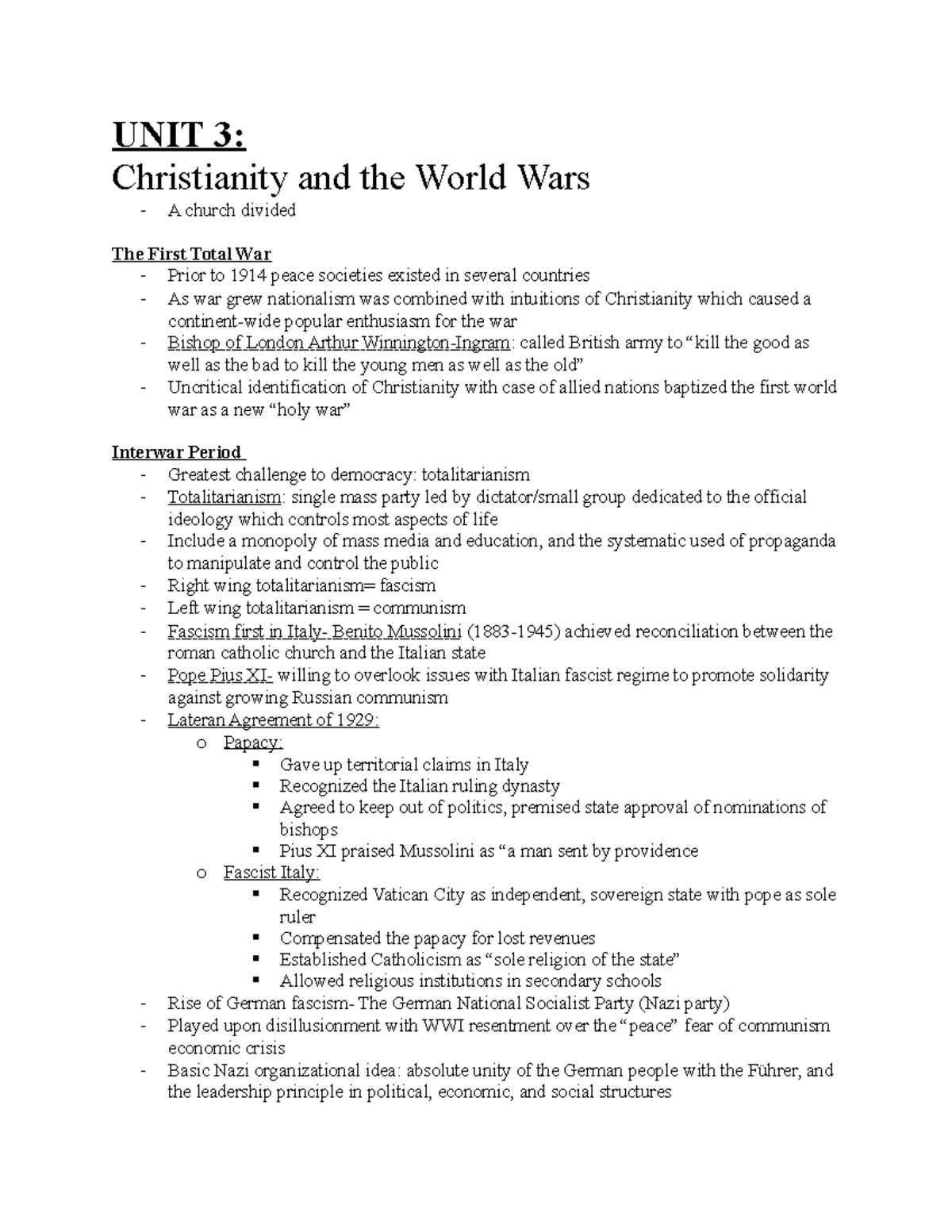 Christian Heritage Unit 3 Christianity and the World Wars - UNIT 3 ...