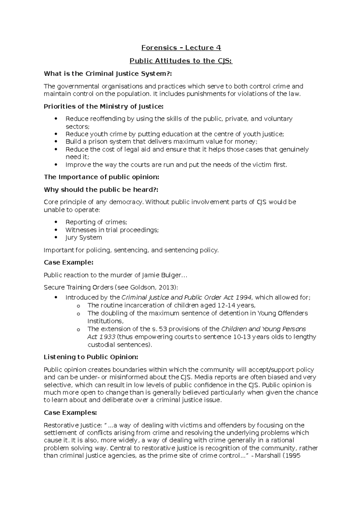 Lecture 4 - Public Attitudes to the CJS - Forensics – Lecture 4 Public ...