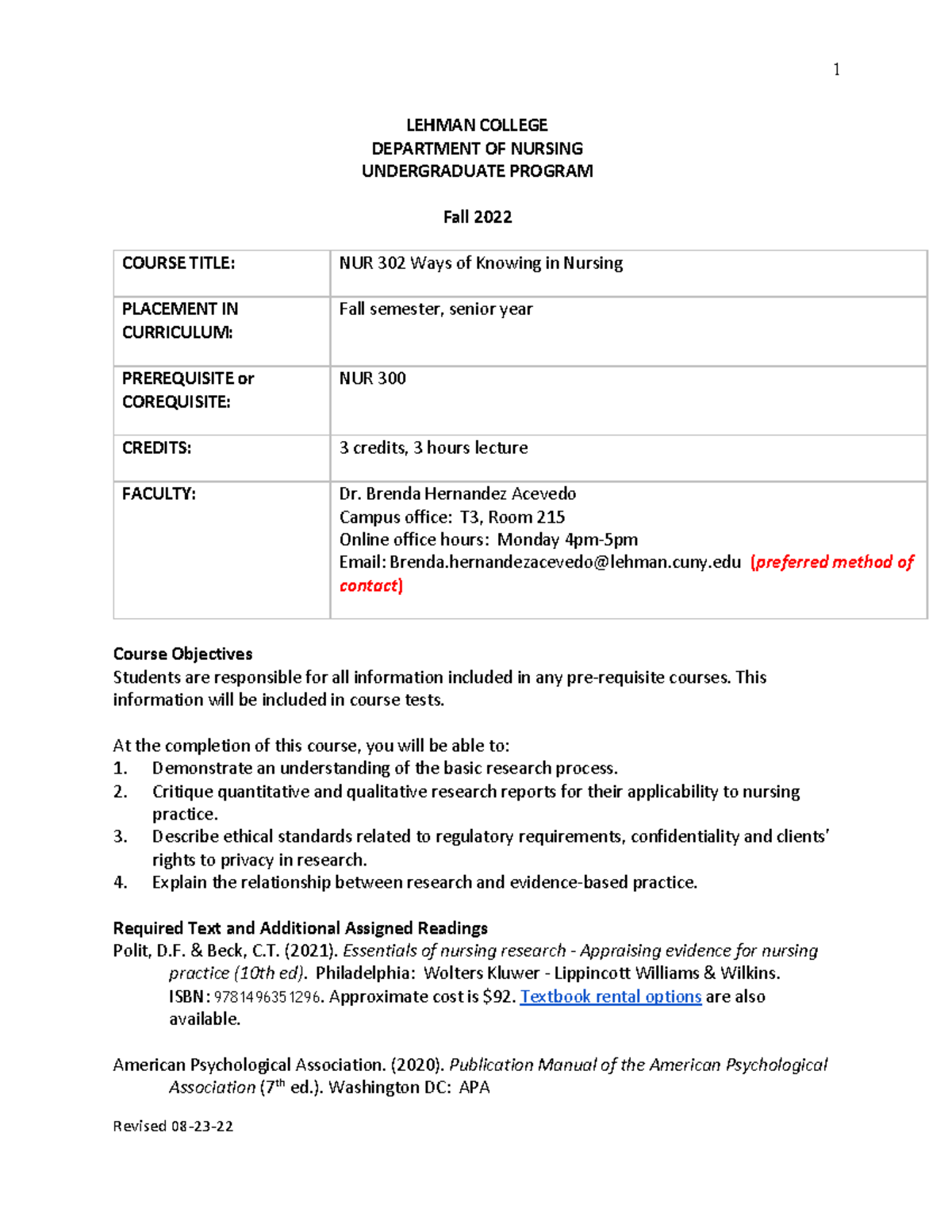 NUR 302 Acevedo-Monday - LEHMAN COLLEGE DEPARTMENT OF NURSING ...