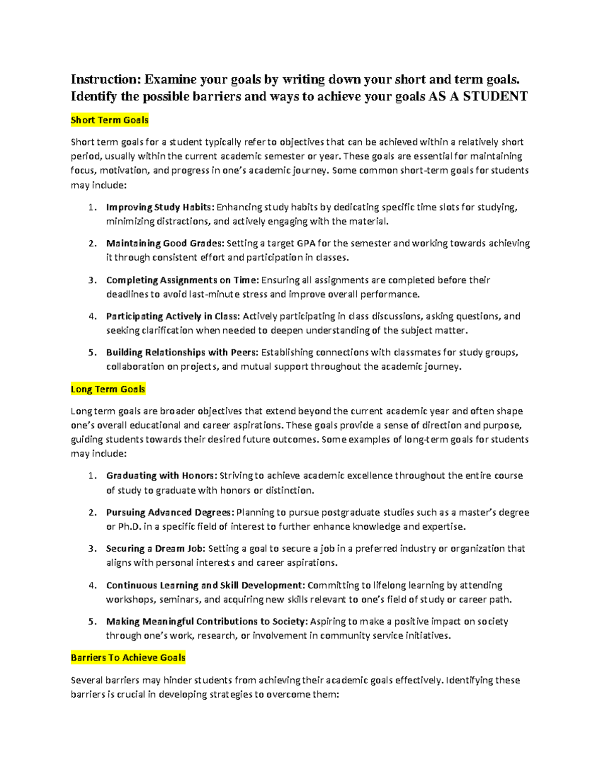 UNDS WEEK 15 & 16 GOAL Setting - Instruction: Examine your goals by ...