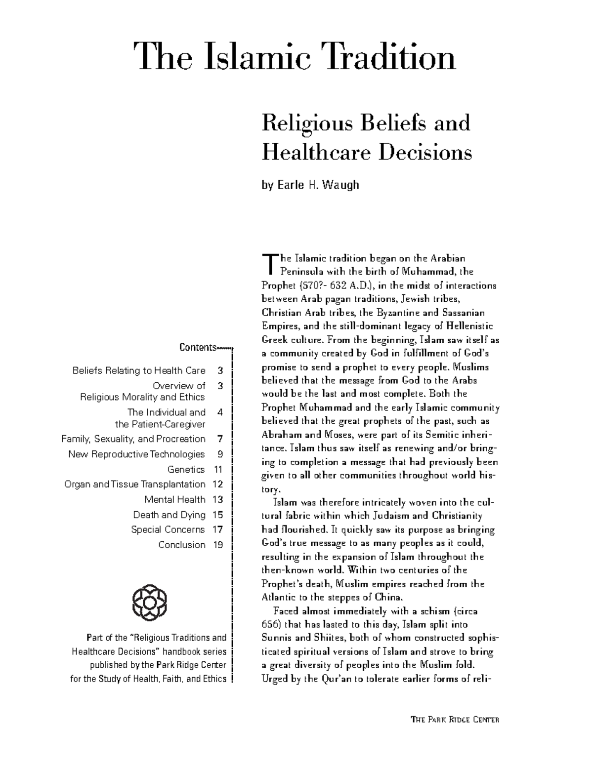 Islamic tradition - Summary of certain data - THE PARK R IDGE C ENTER T ...