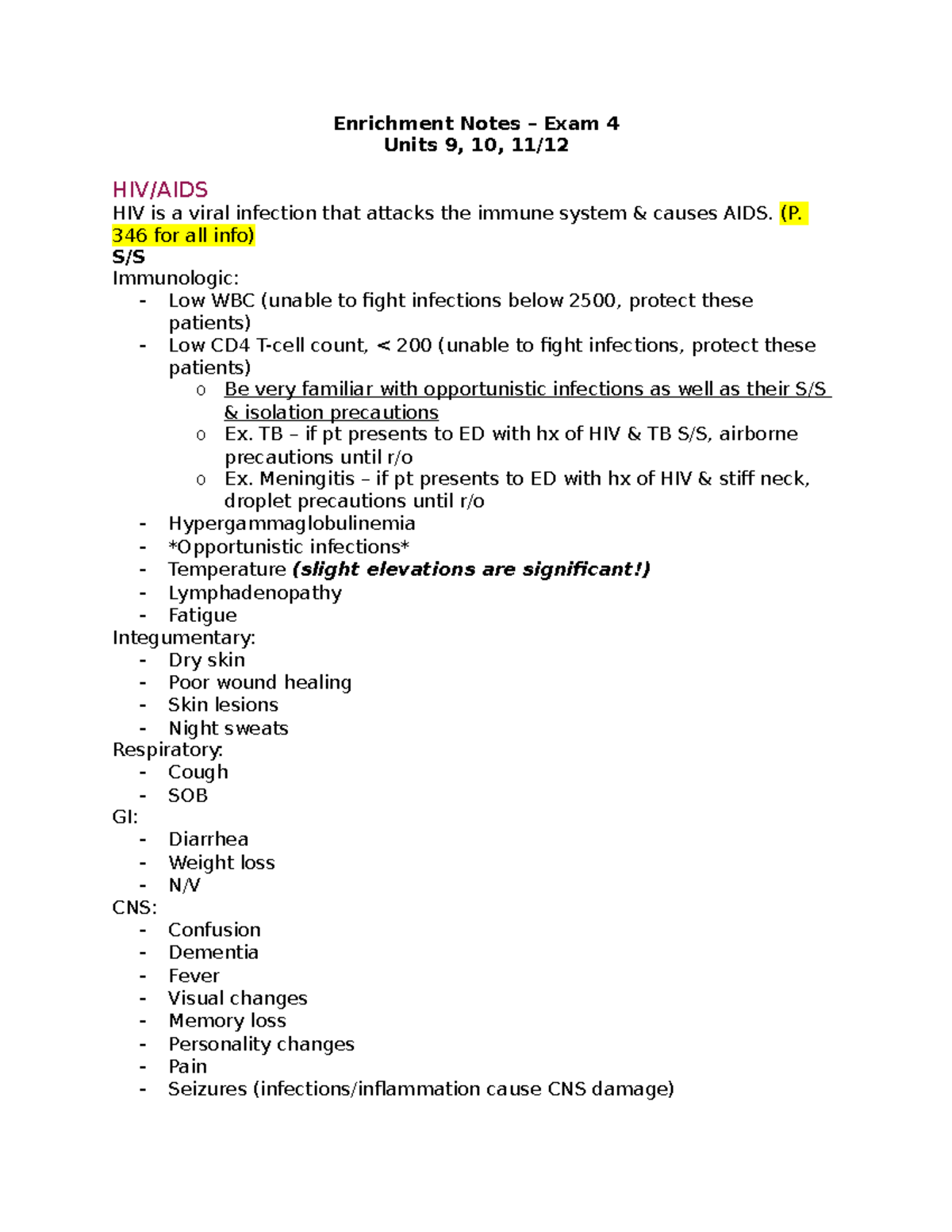Enrichment 4 - good - Enrichment Notes – Exam 4 Units 9, 10, 11/ HIV ...