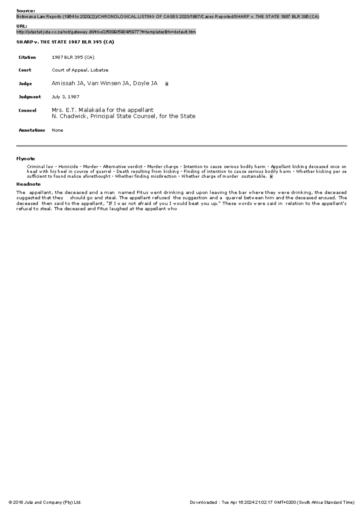 Sharp v - Summary Criminal law: specific offences - Source: Botswana ...