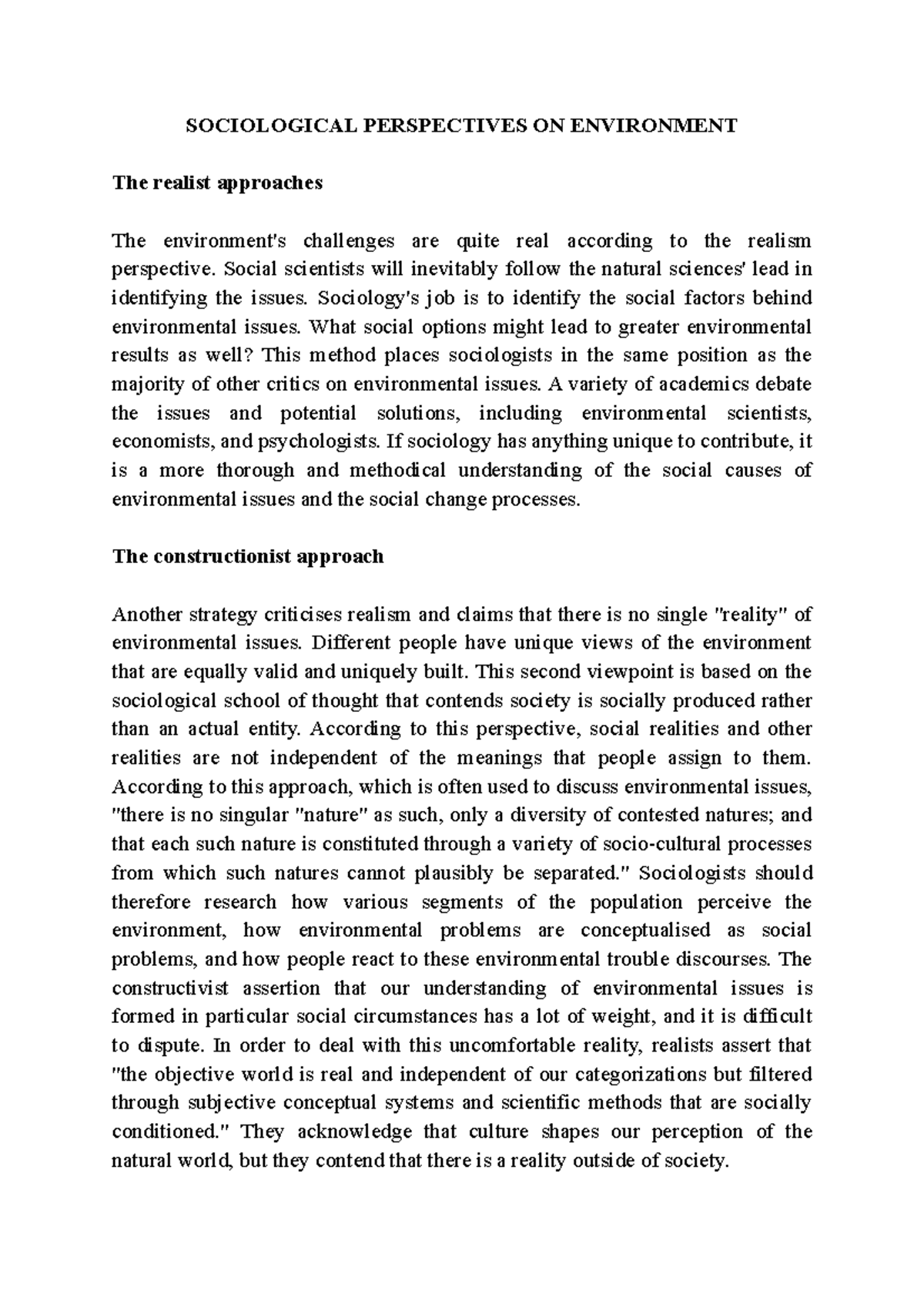 Sociological Perspectives ON Environment - SOCIOLOGICAL PERSPECTIVES ON ...