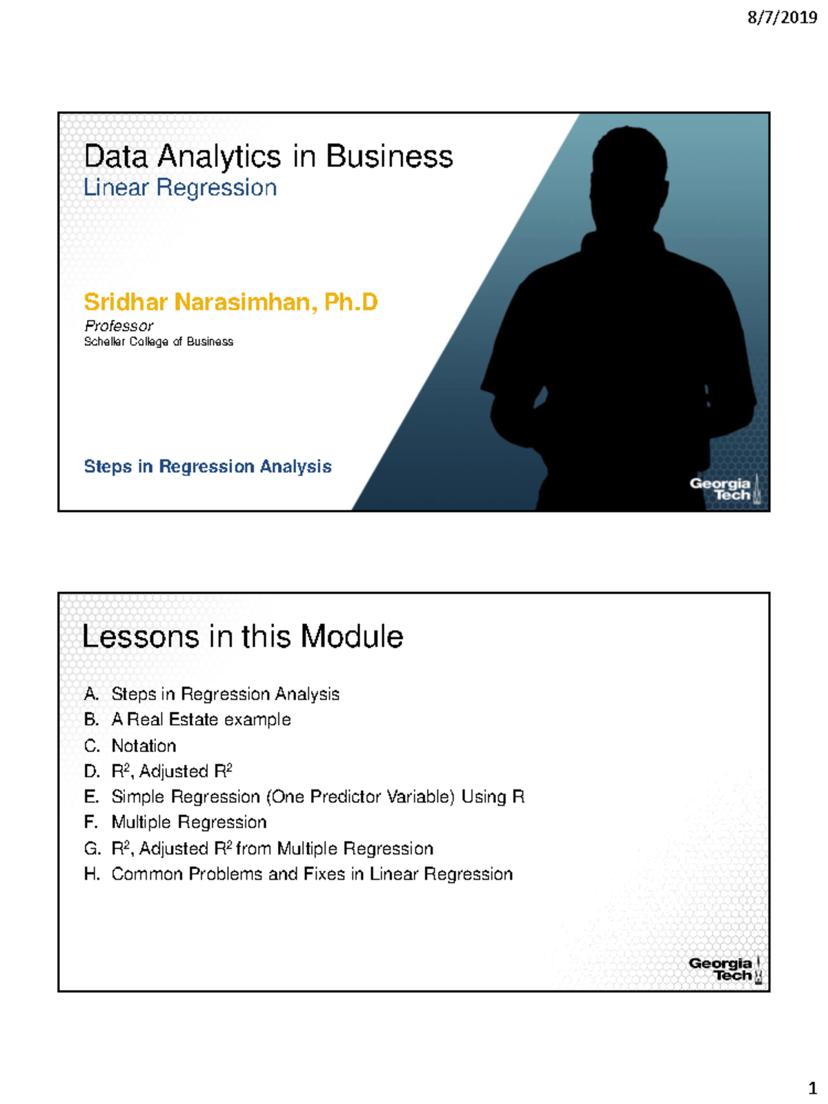 MGT 6203 - Sri - M1 - Linear Regression - Data Analytics in Business Sridhar Narasimhan, Ph ...