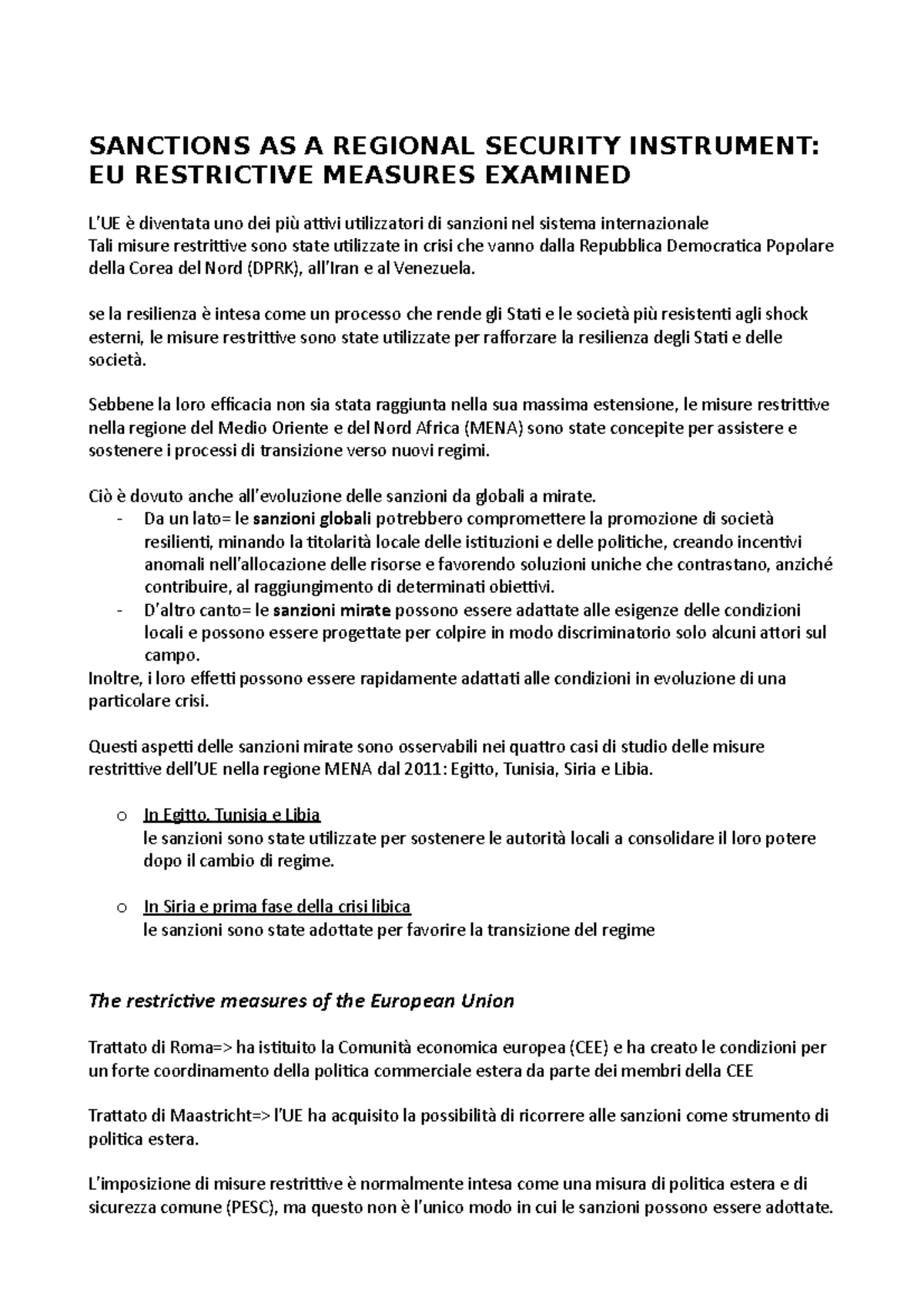 Sanzioni - Riassunto documento per esame - SANCTIONS AS A REGIONAL ...