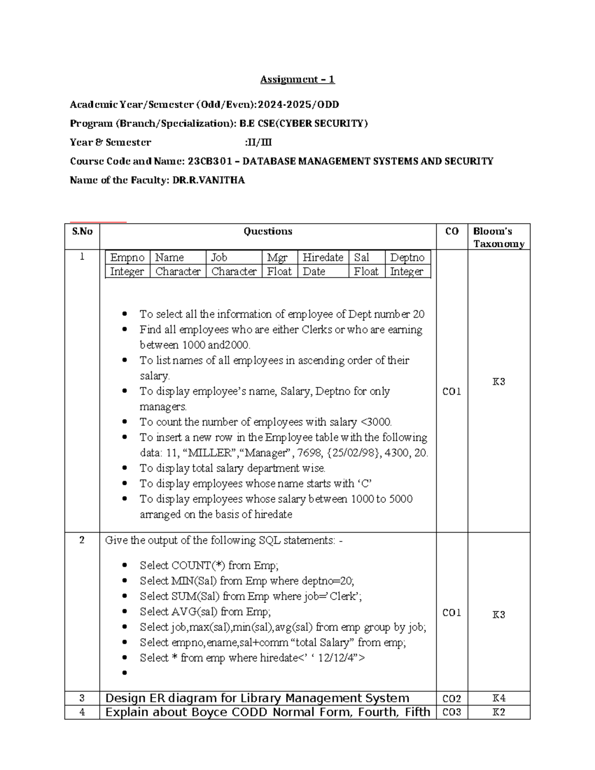 Assignment - 1 in DBMS - Assignment – 1 Academic Year/Semester (Odd/Even):2024-2025/ODD Program ...