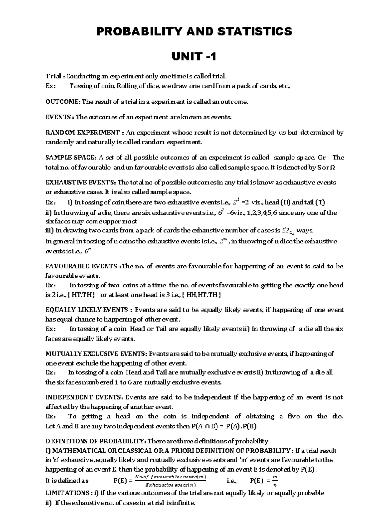 PS - Notes - PROBABILITY AND STATISTICS UNIT - Trial : Conducting an ...