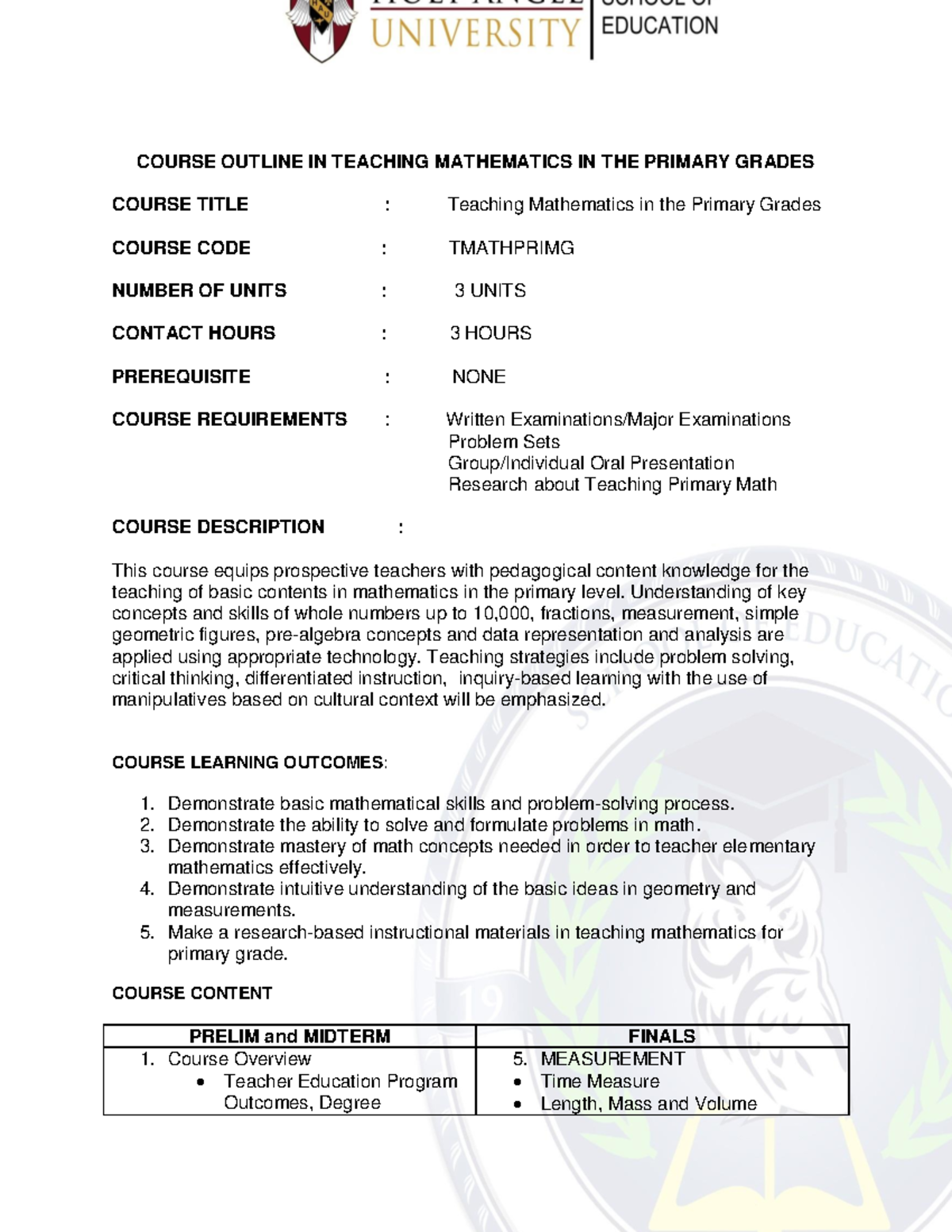 Tmathprimg - This is a sample of course syllabus in teaching math to ...
