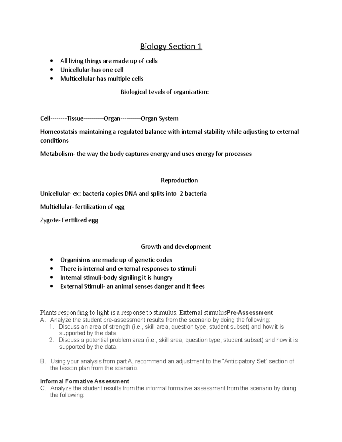 Bio 1 section 1 notes - Biology Section 1 All living things are made up ...