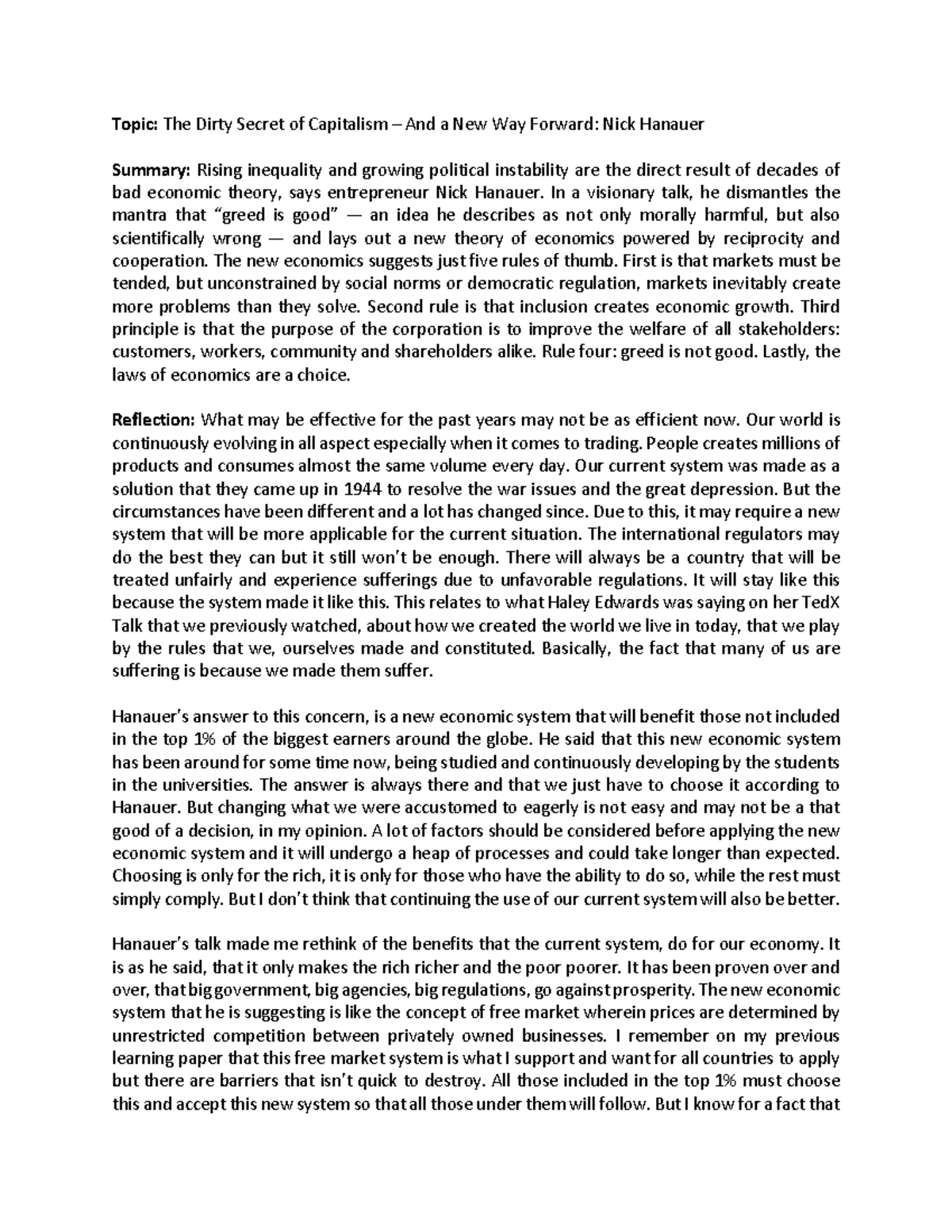 TEDX TALK ESSAY - Topic: The Dirty Secret of Capitalism – And a New Way ...